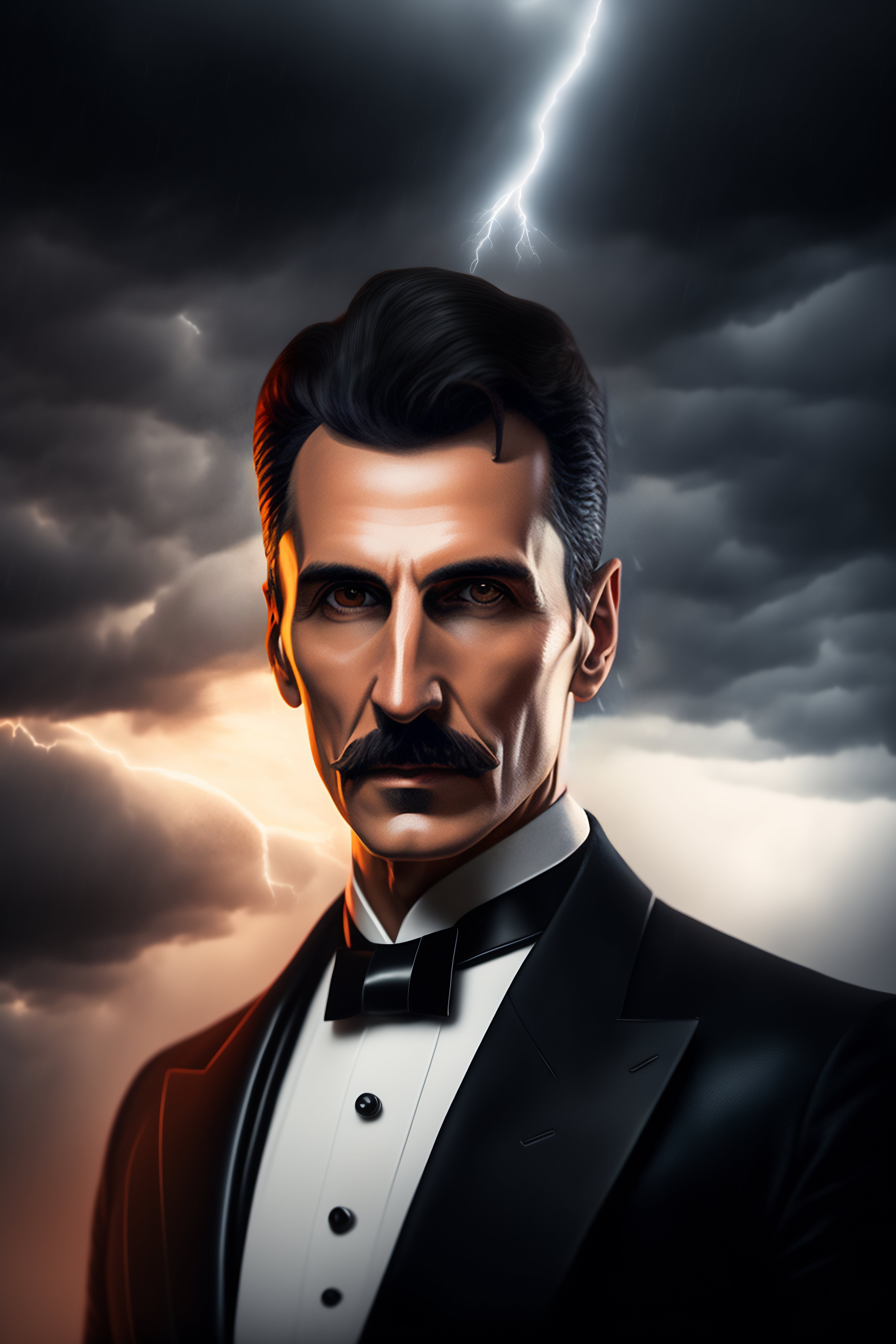 Lexica - Portrait of Nikola Tesla in the background of a thunderstorm ...