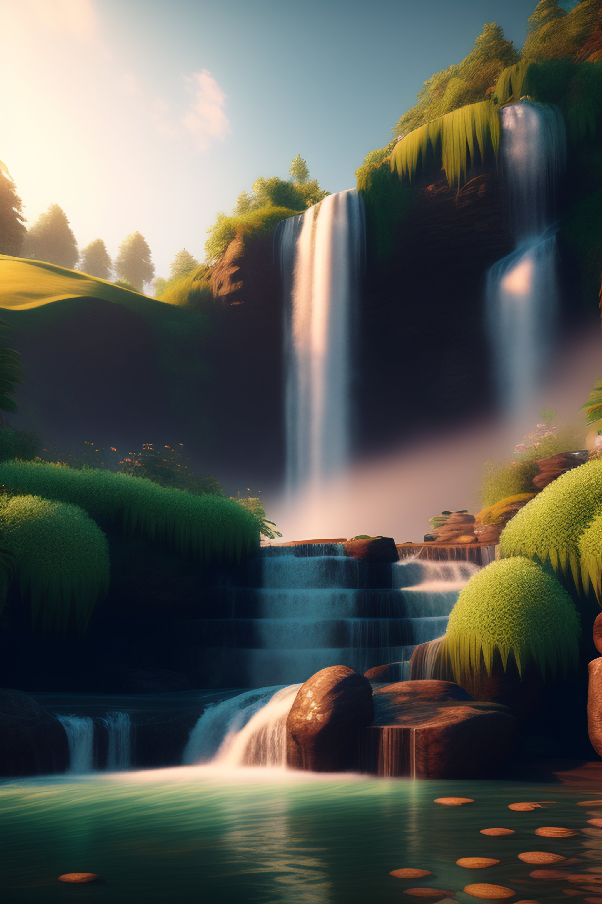 Lexica - Waterfall in farm rural in beautiful day realistic, highly ...