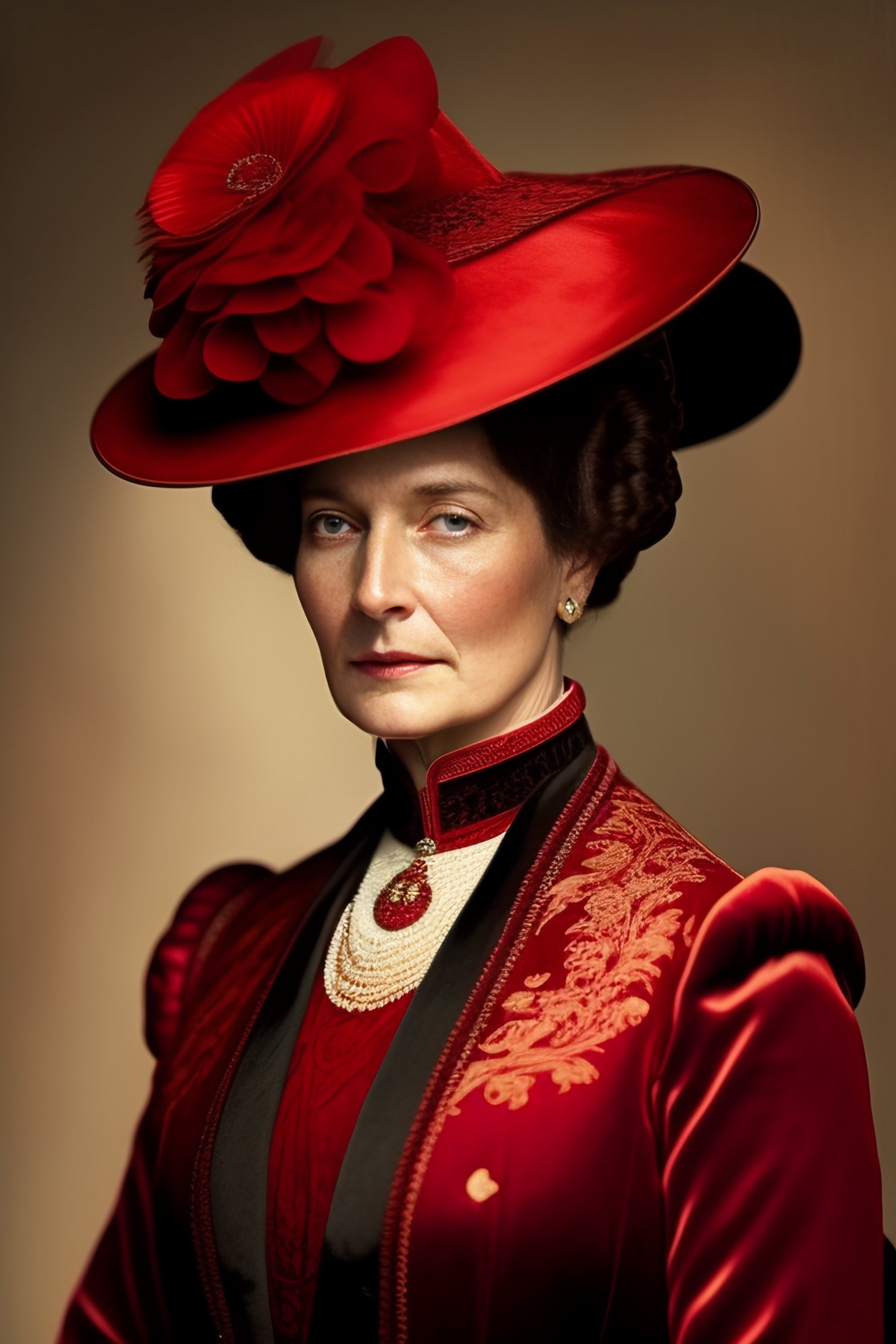 Lexica - An middle aged Edwardian woman wearing a crimson red ensemble ...