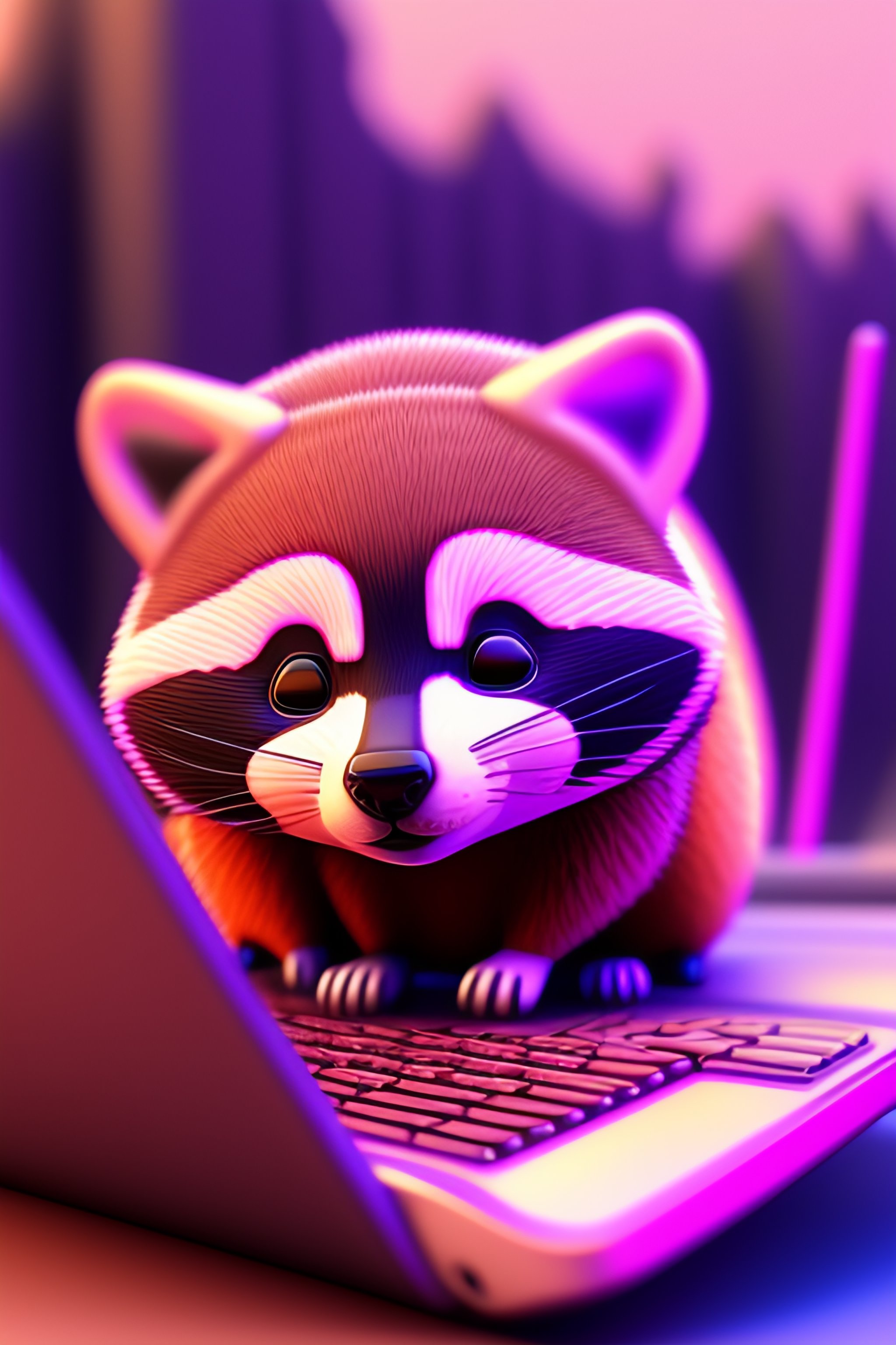 Lexica - Soft pink 3d racoon coding a software with laptop by pixar