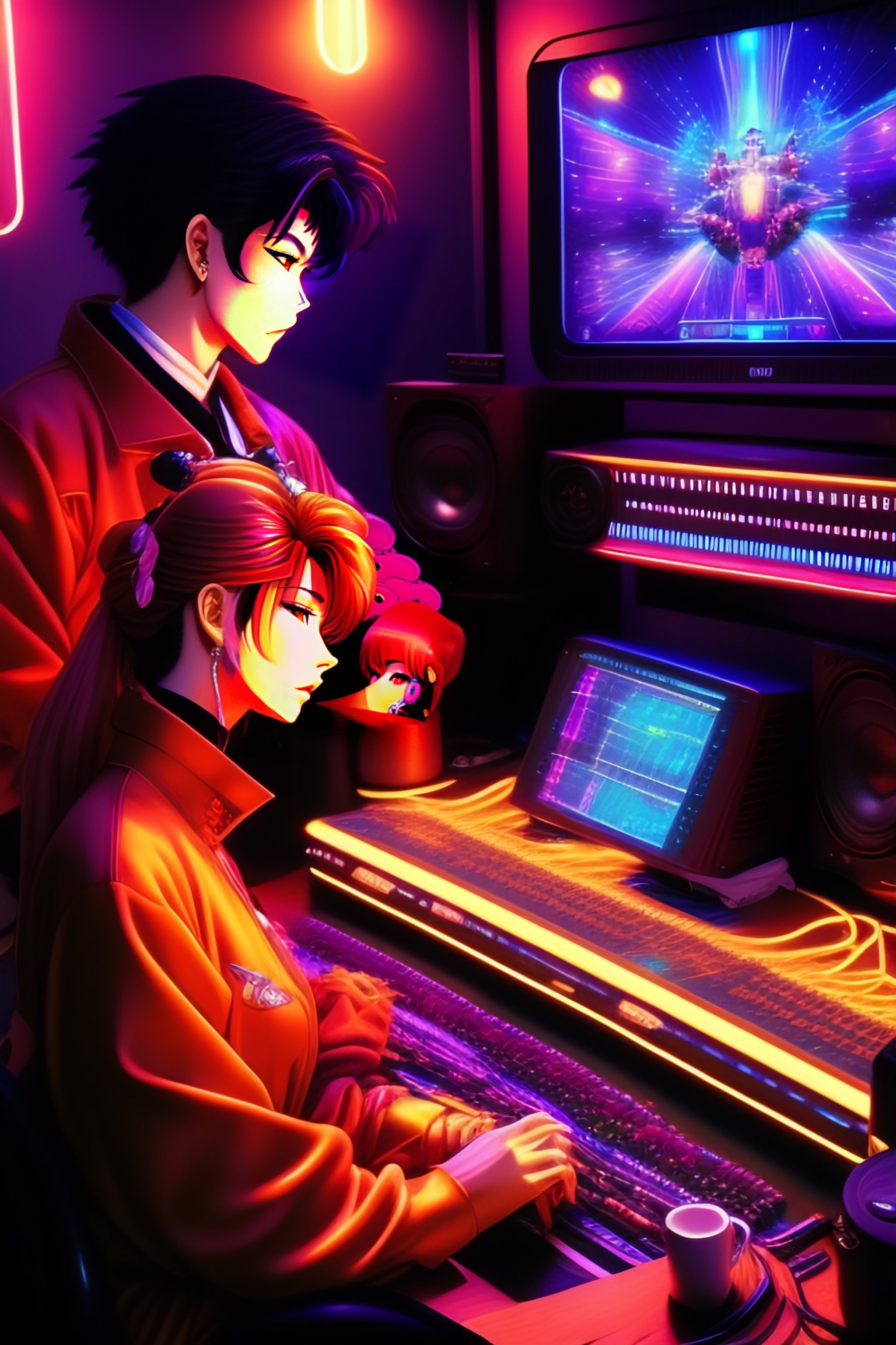 Lexica - Vintage 90's anime style; crew inside a home studio with a ...