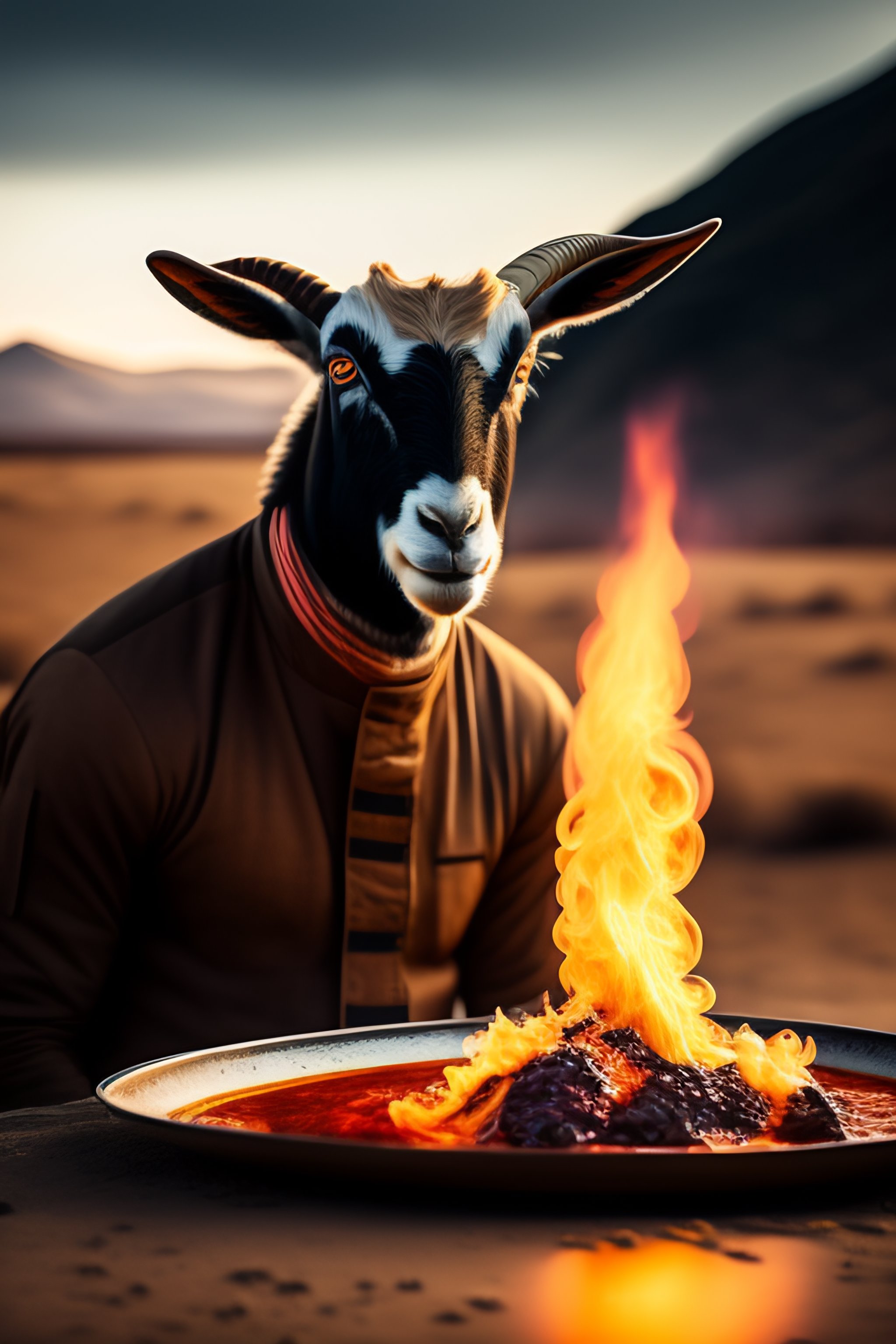 Lexica - Man with goat on fire eat chiness noddle
