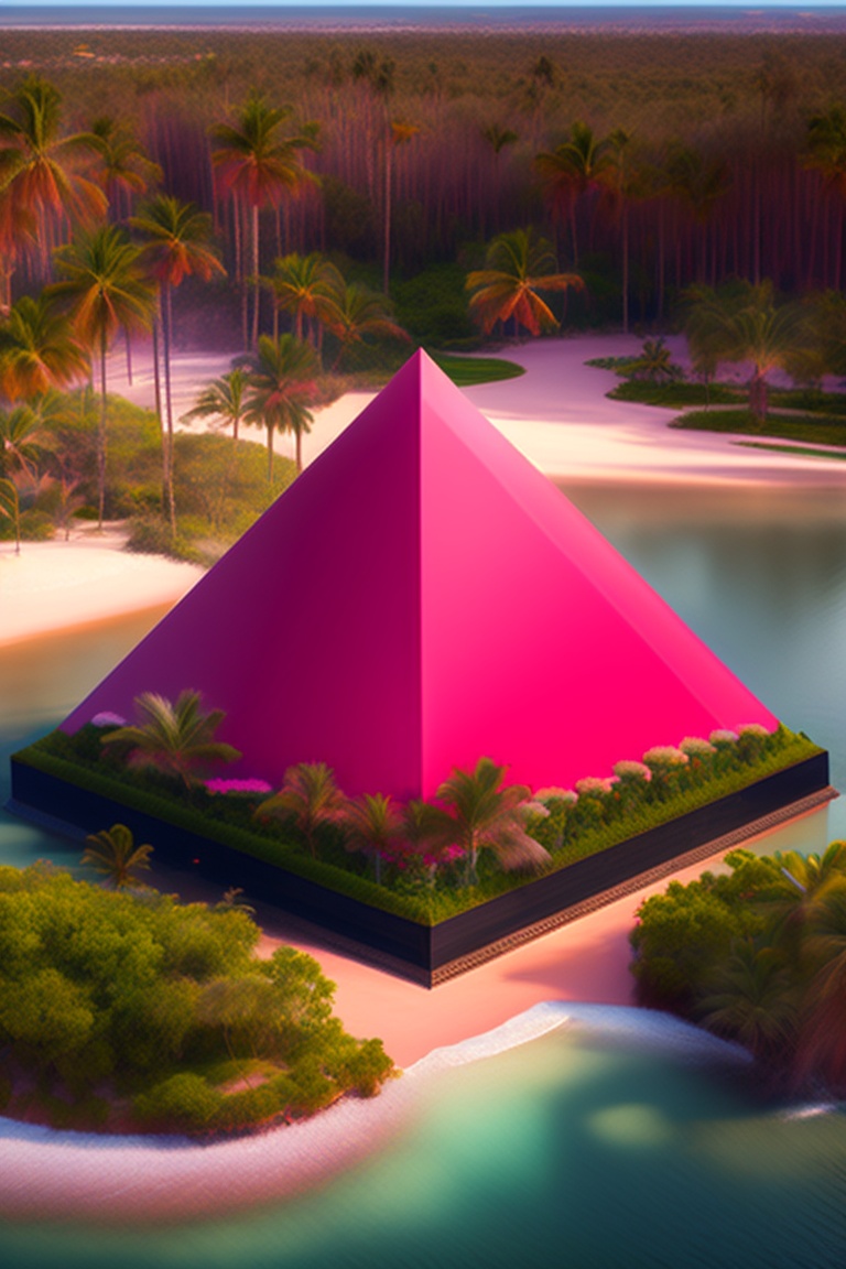 Lexica - A pink pyramid on a lac with a forest of palm trees, with a ...