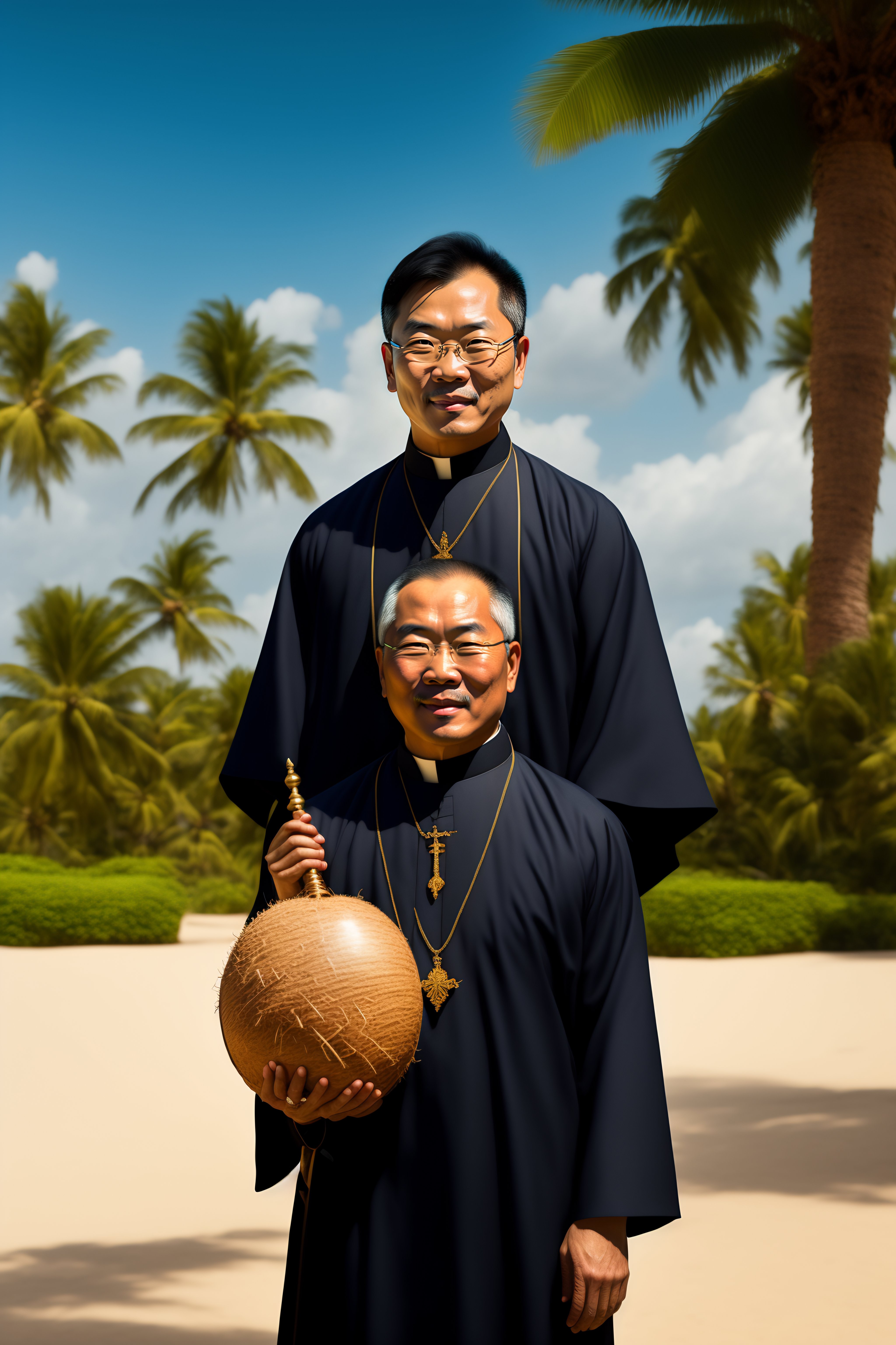 Lexica - Portrait of an Asian priest with a coconut in front of a palm tree