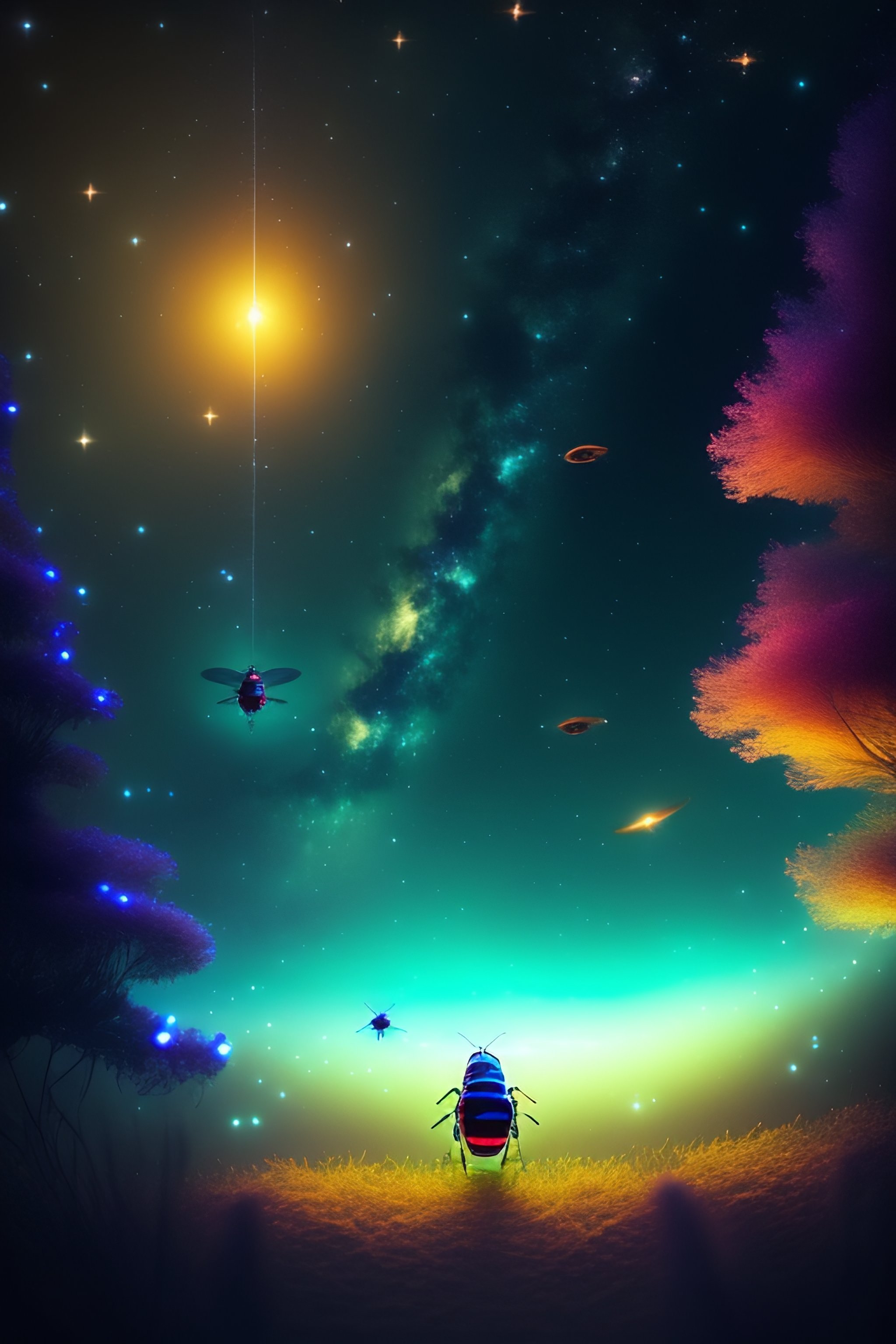 Lexica - Five fireflies, 5 little glowing bugs in space, the movie