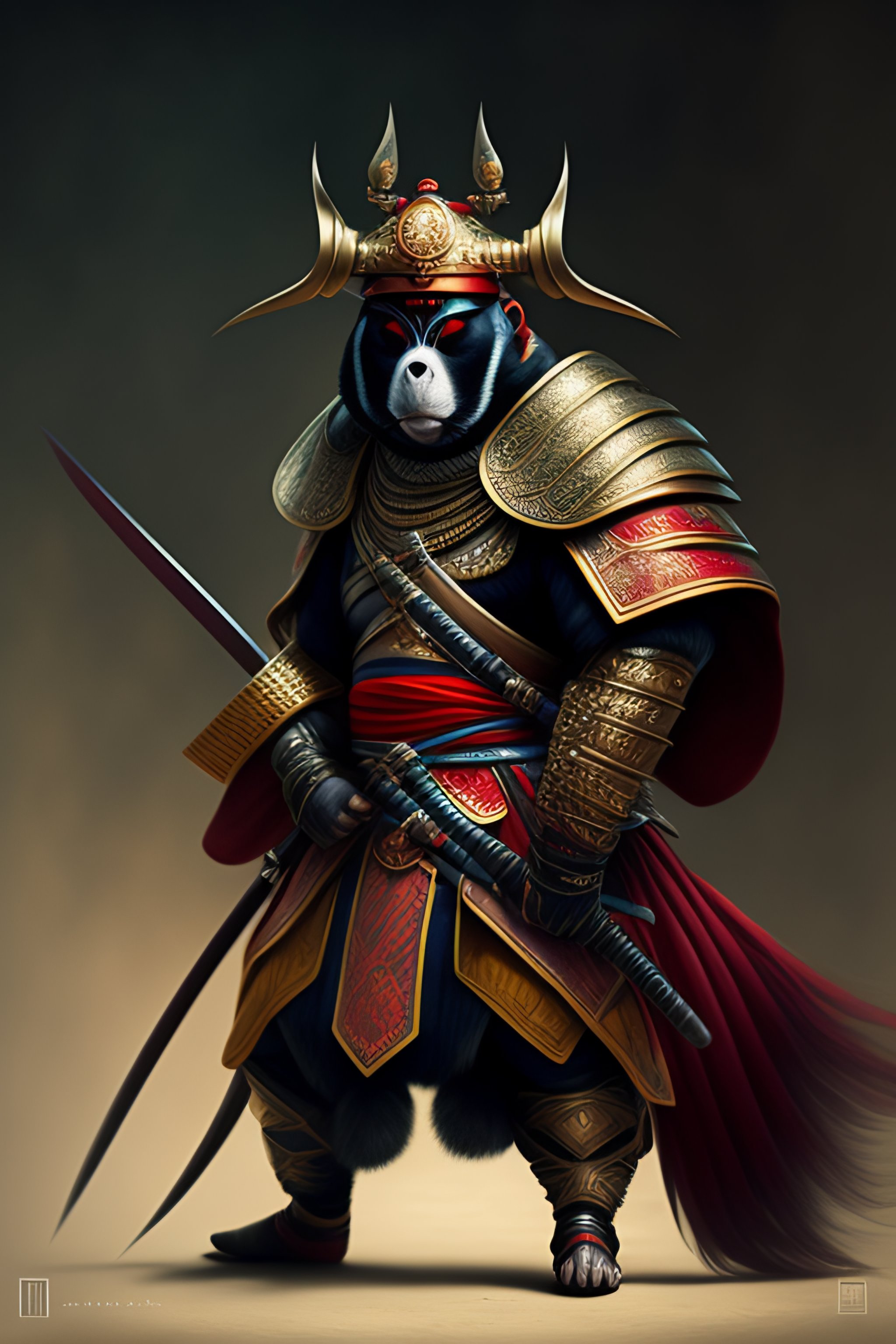 Lexica - Award-winning photo of a Mandrills samurai, holding two swords ...
