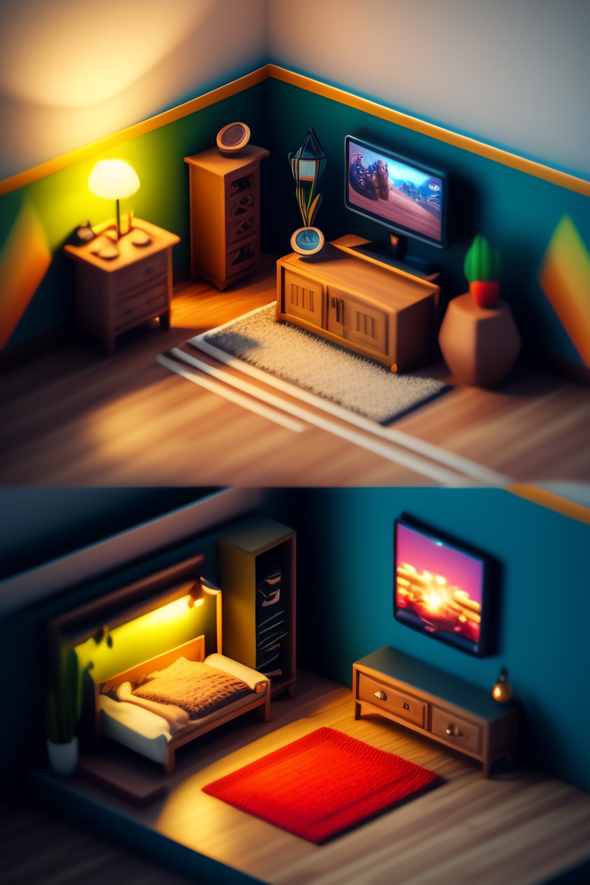 Lexica - Detailed isometric bedroom, video games, very cozy, nostalgia ...