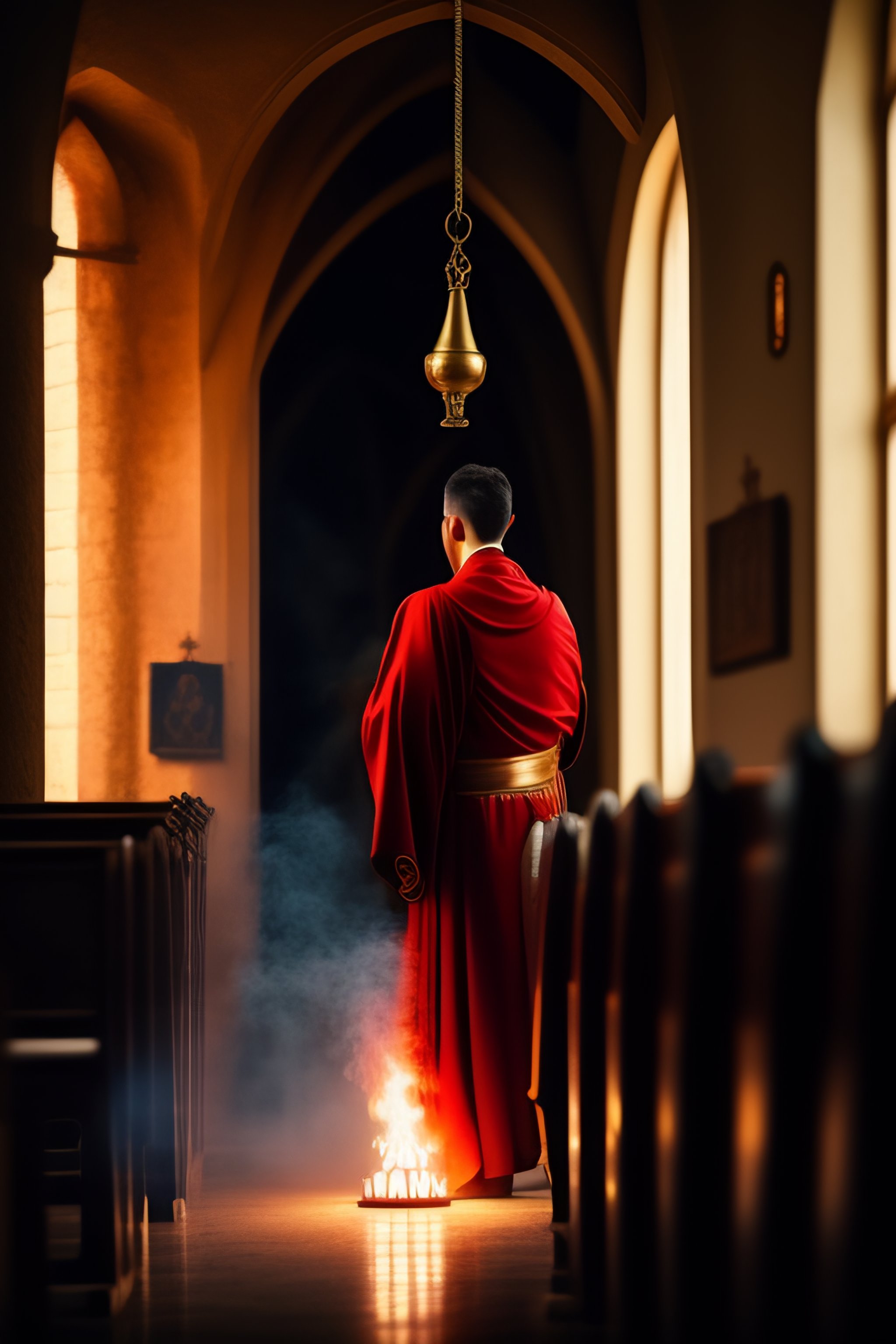 Lexica - Catholic drunk Monk ringing towerbell in church on fire