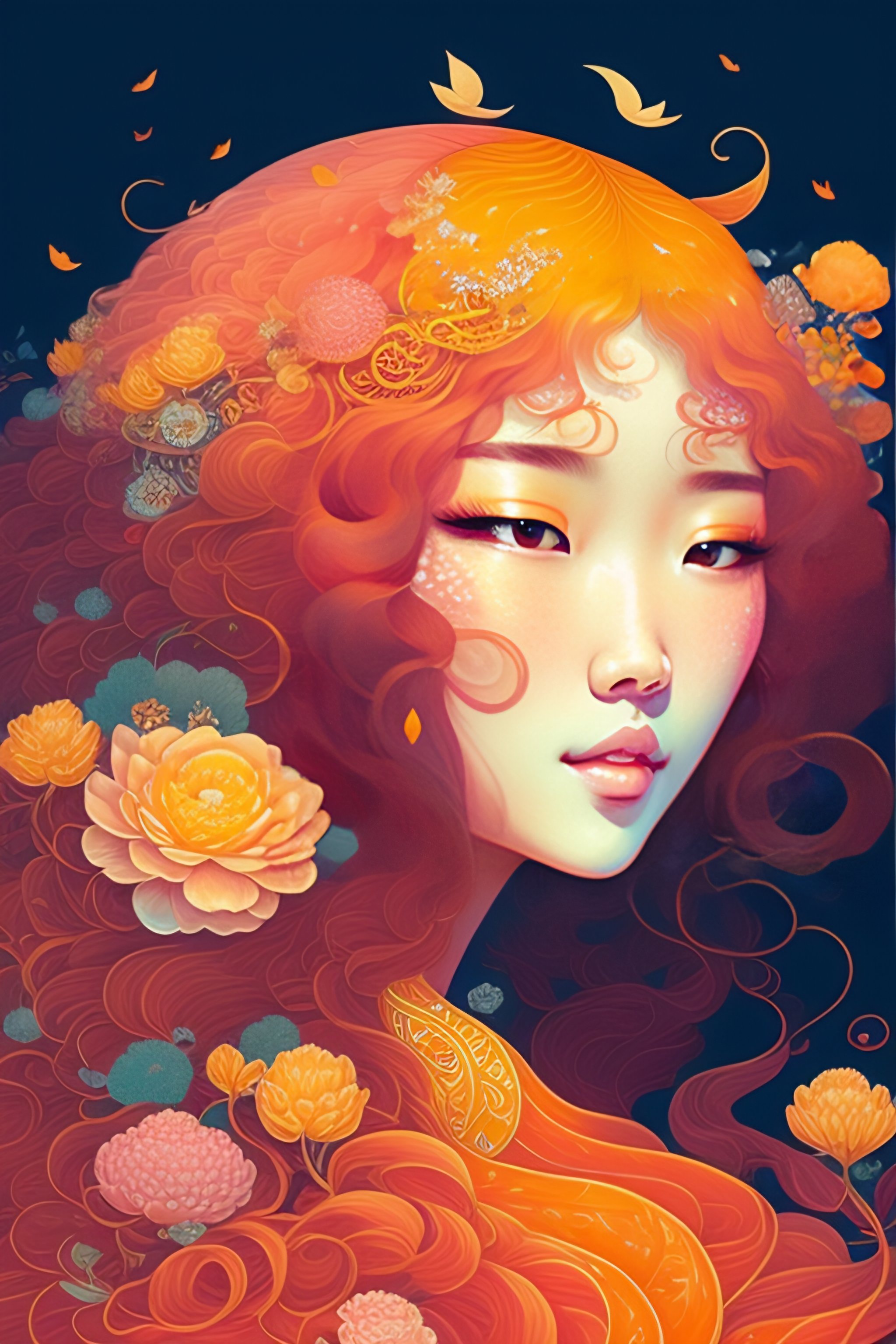 Lexica - Beautiful cute front portrait Korean ninfa, big long curly ...