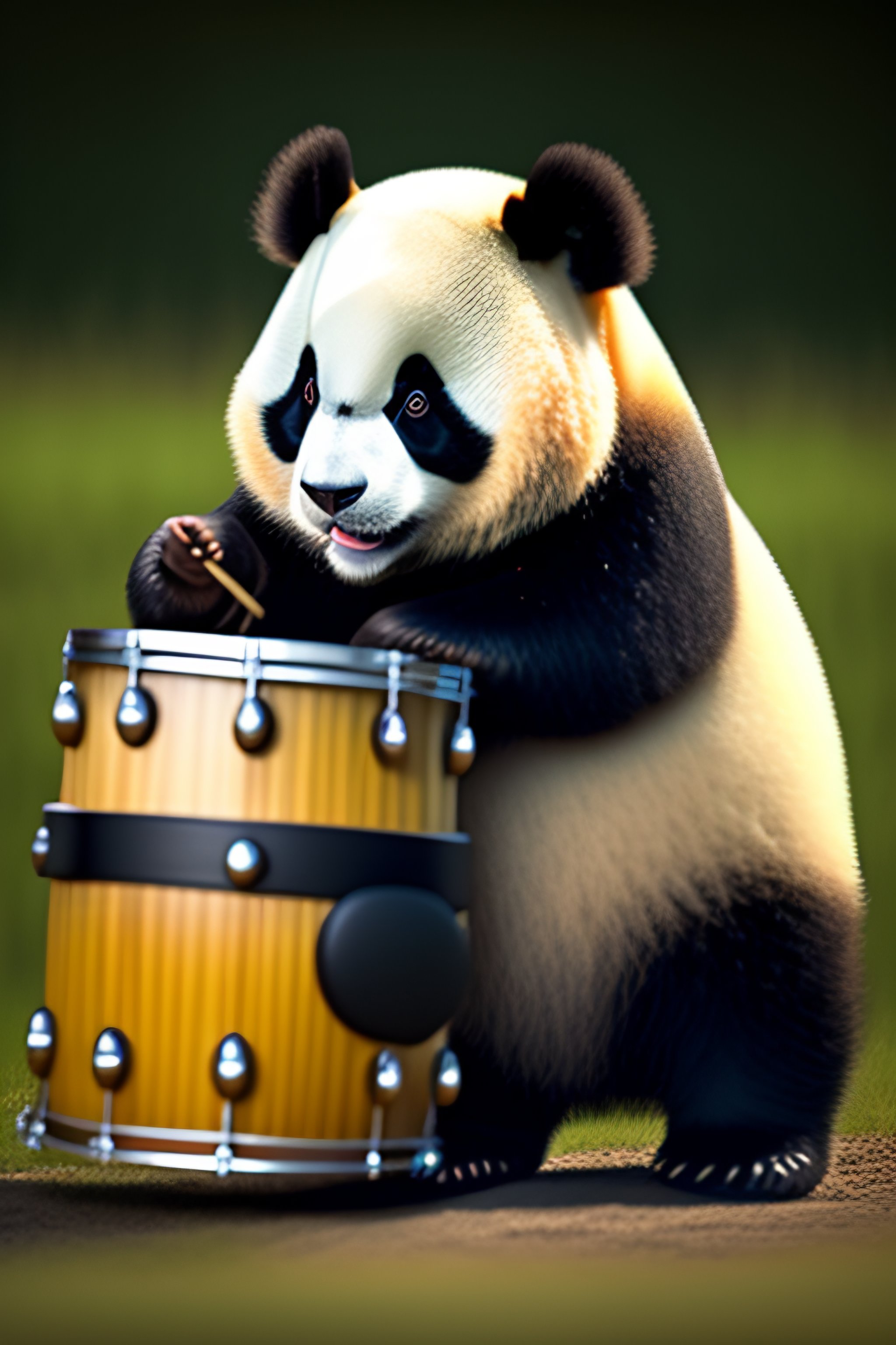 Lexica - Portrait of a cute panda playing the drums on a ranch