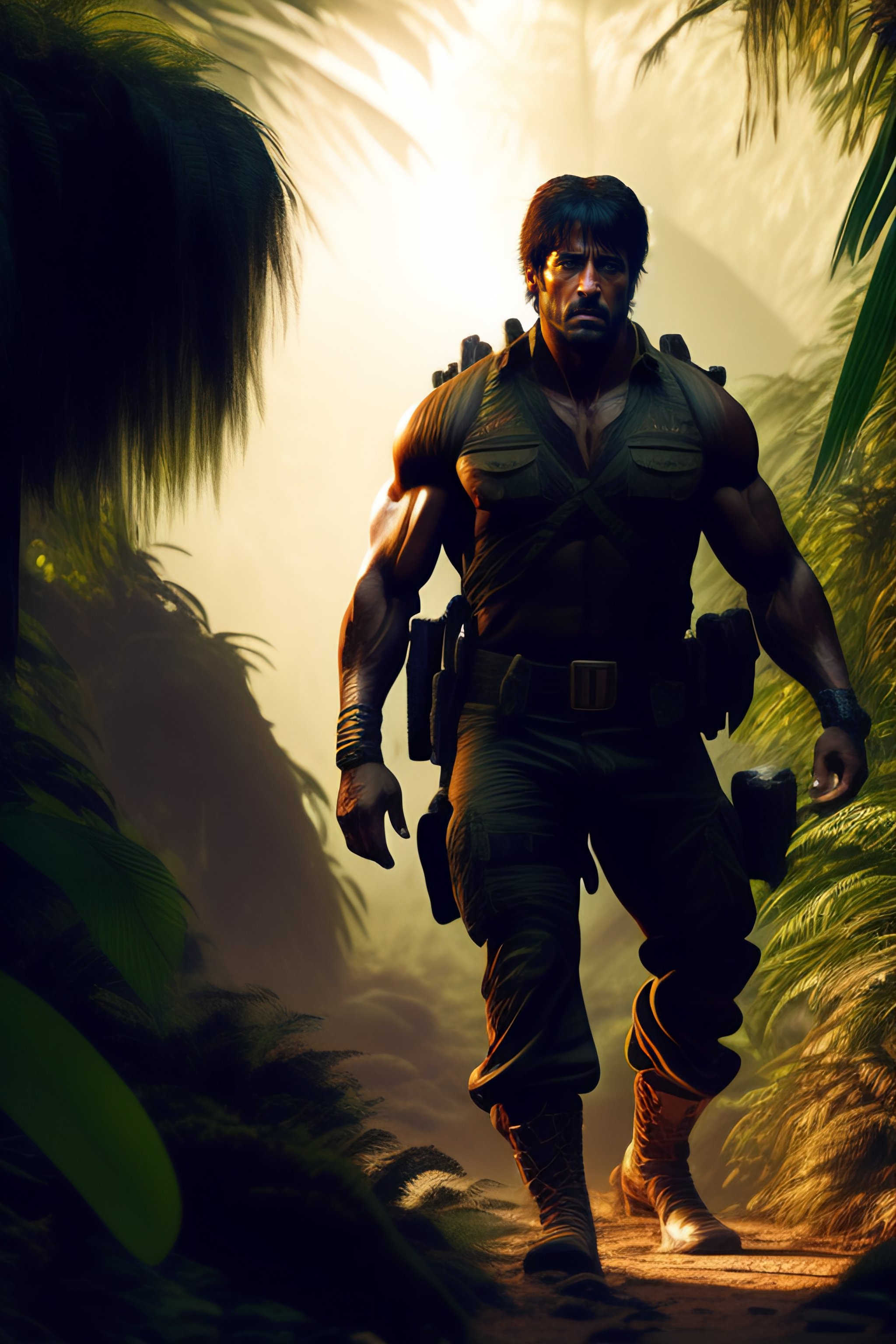 Lexica - Action shot of john rambo in a jungle, cinematic lighting ...