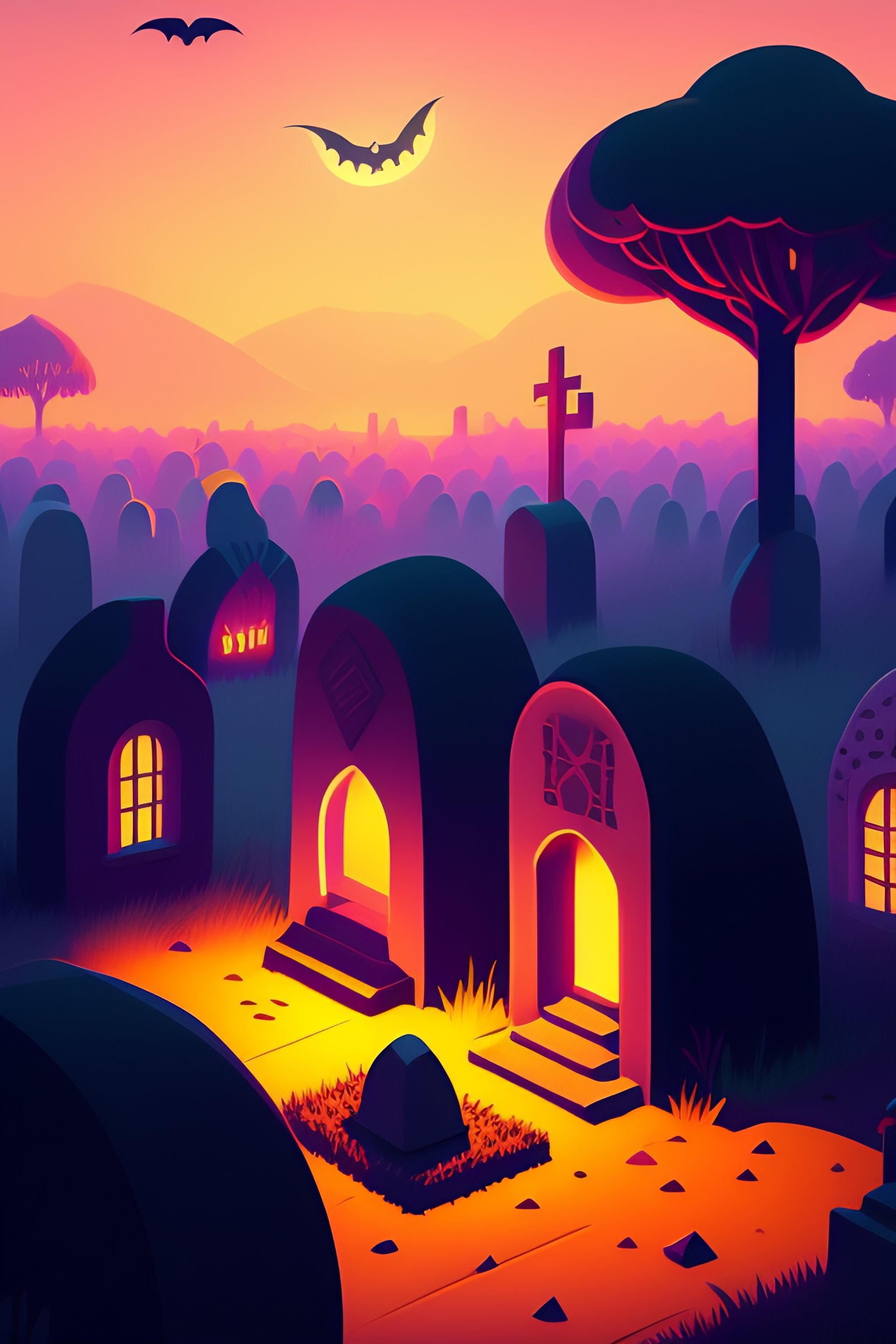 Lexica - Isometric render of a spooky graveyard by a town, solid shapes ...