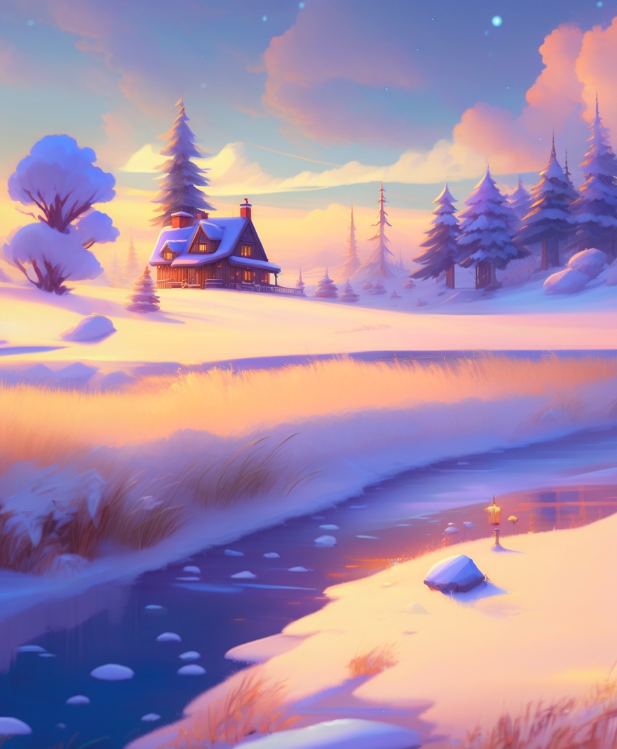 Lexica - A painting of a snowy landscape with a house, concept art by ...