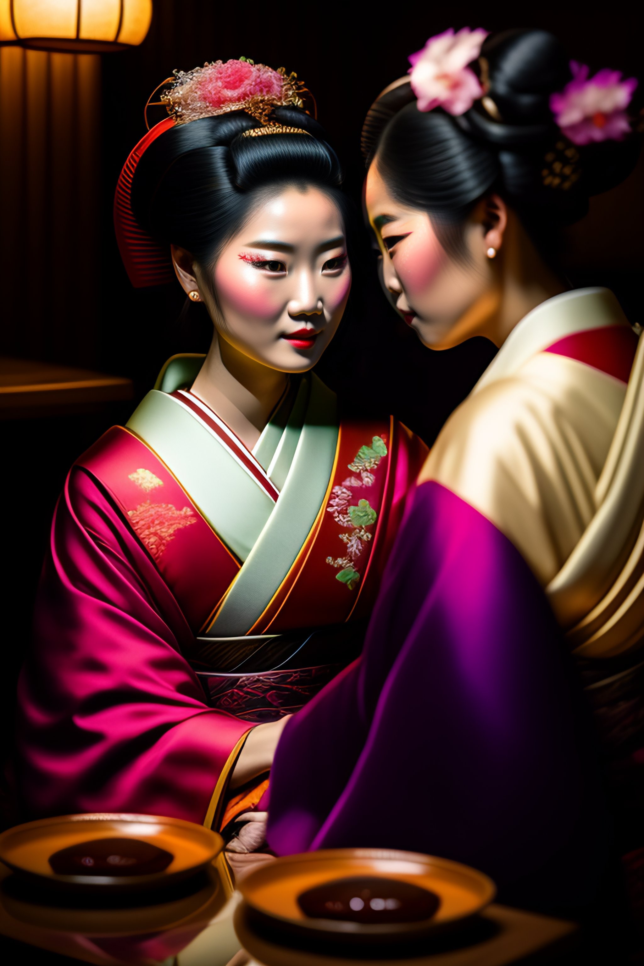 Lexica - Two beautiful elegant young geishas eating at a cozy kyoto ...