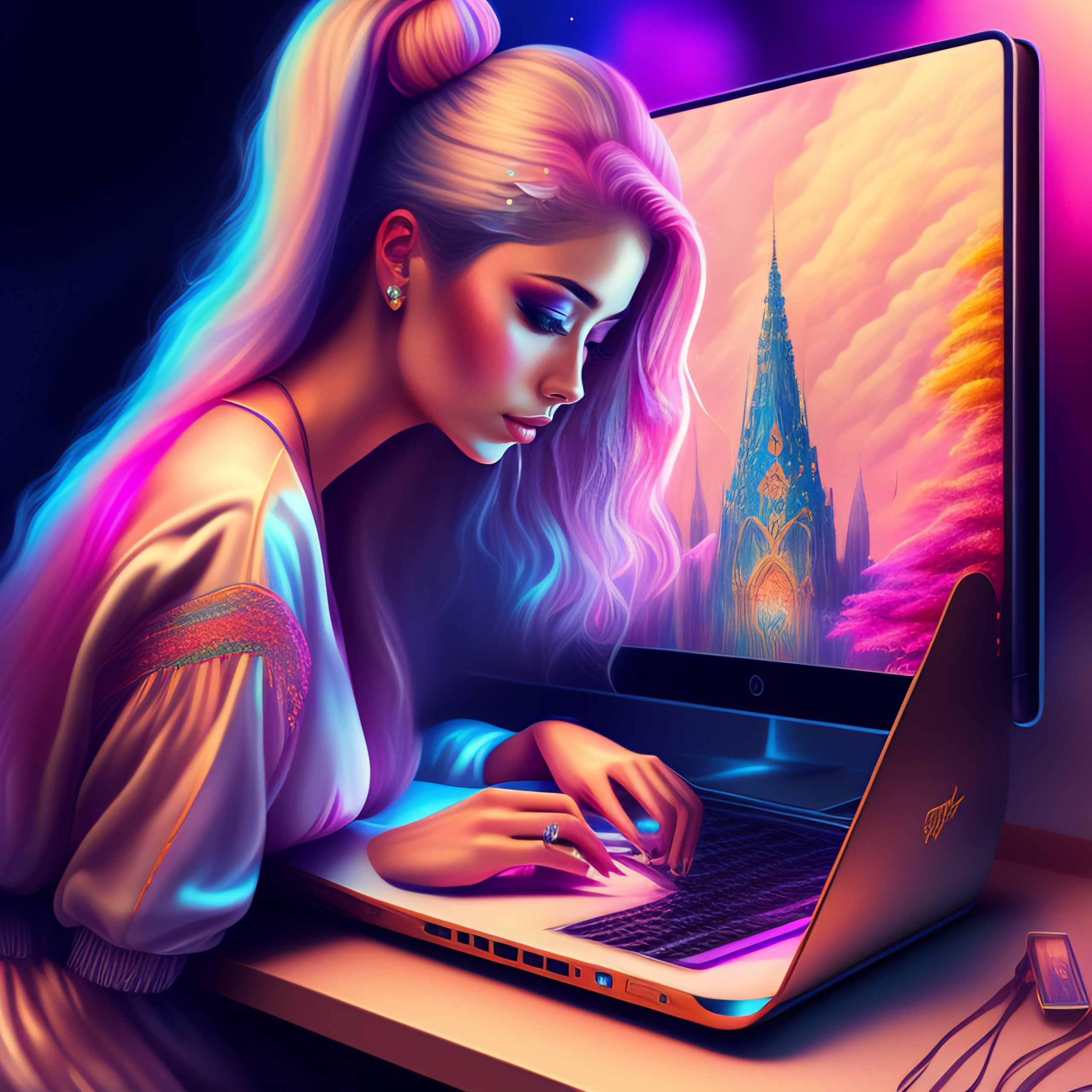Lexica - Woman programming on her laptop, fantasy, future, pastel ...