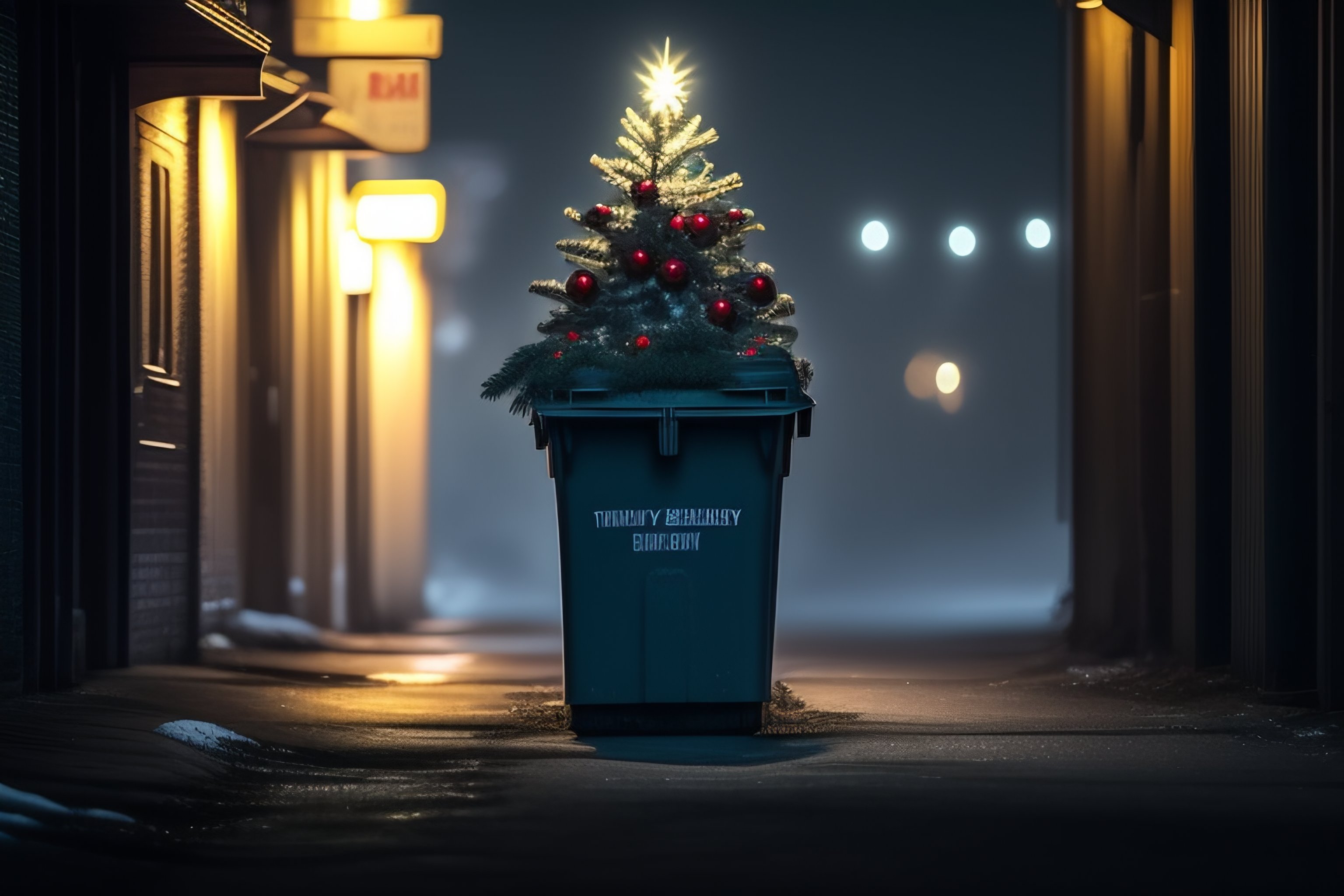 Lexica - Lonely christmas tree between many garbage bins in a dark ...