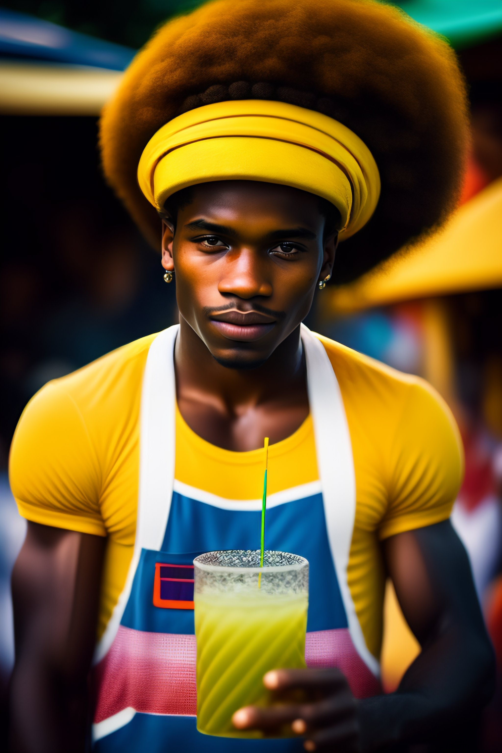 Lexica - Retro afro boy selling caipirinha in Brazilian kiosk