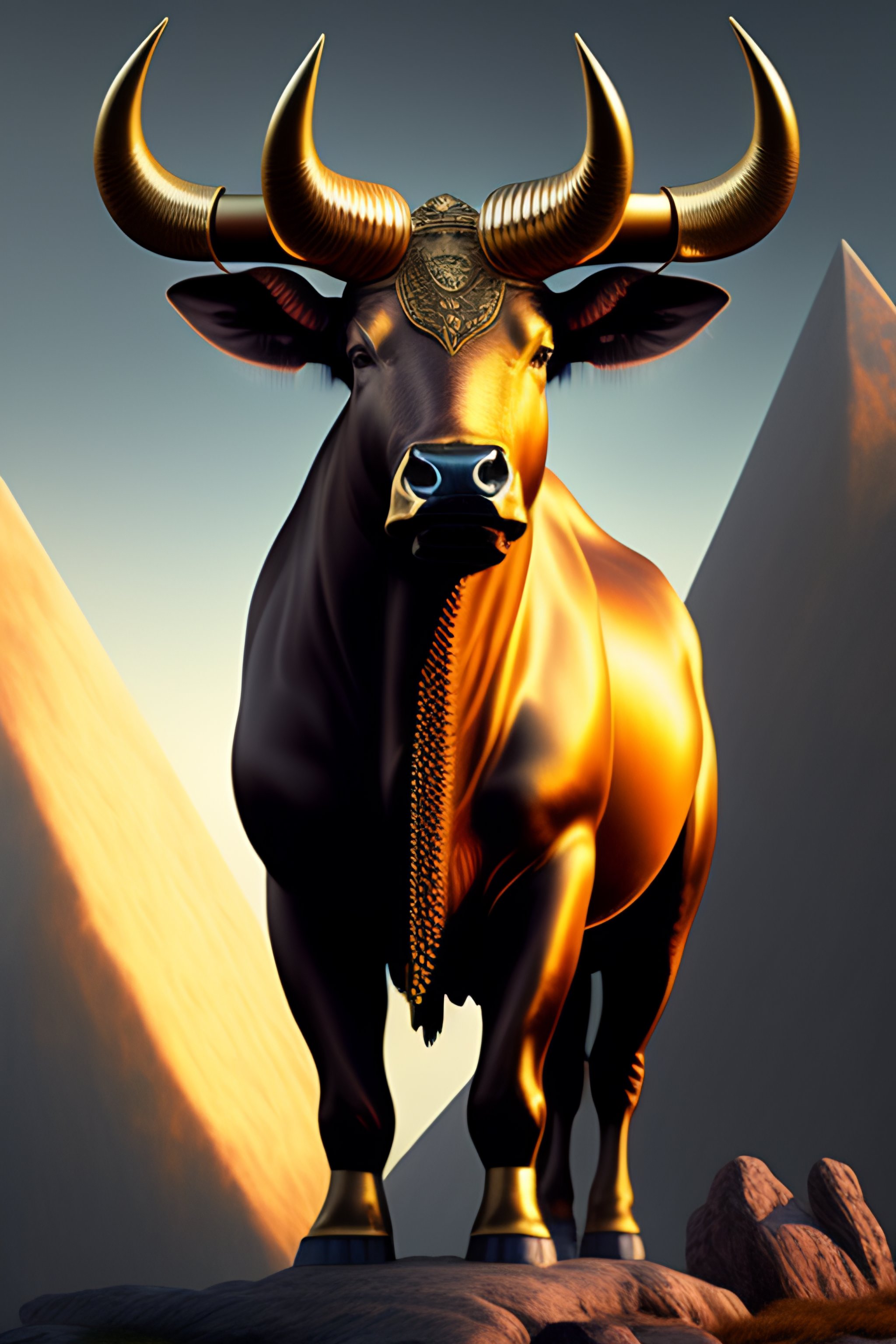 Lexica - Bull on top of a metallic pyramid, ethereal, extremely high ...