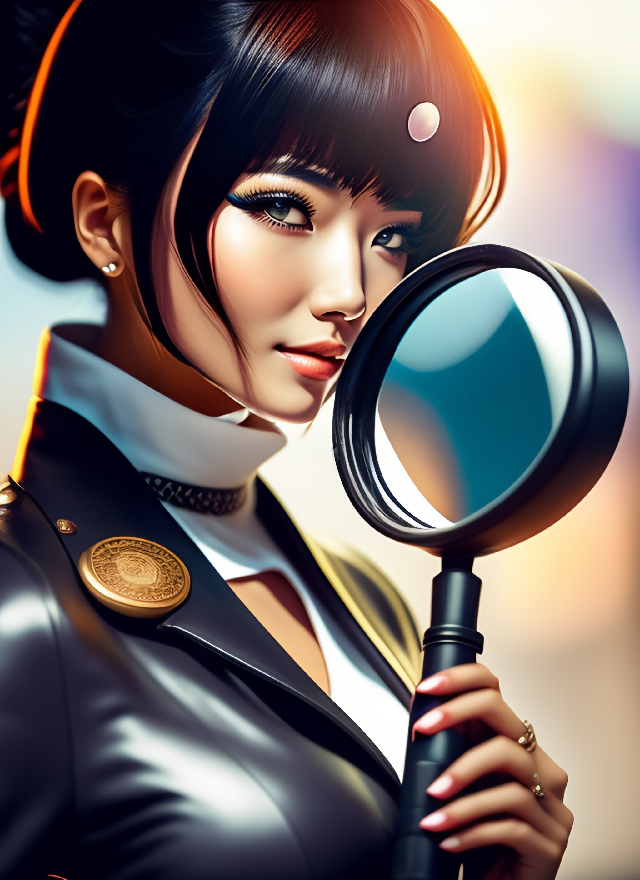 Lexica - Cute anime woman in leather suit holding magnifying glass