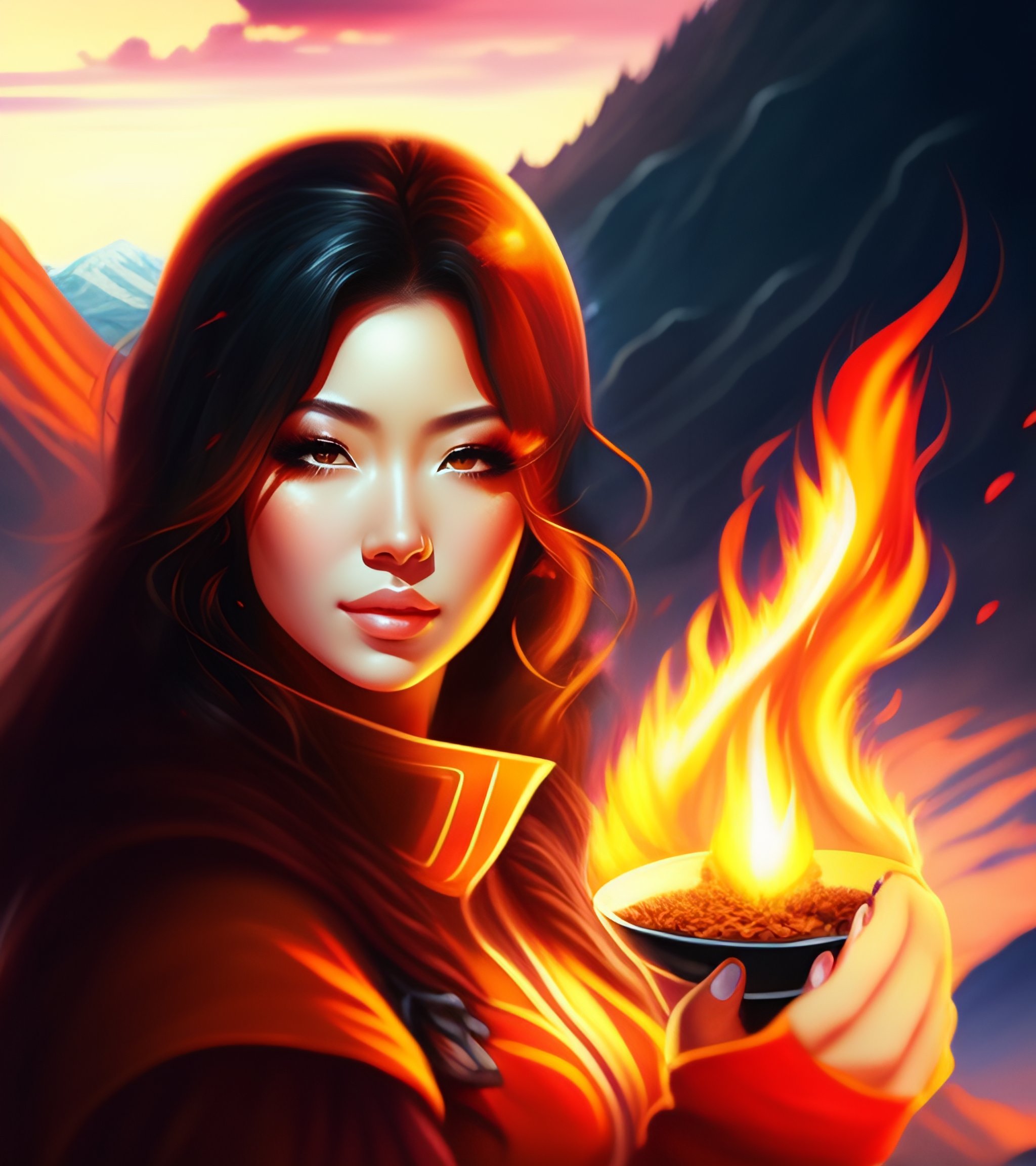 Lexica - Anime, close up portrait woman with fire magic, volcanic landscape