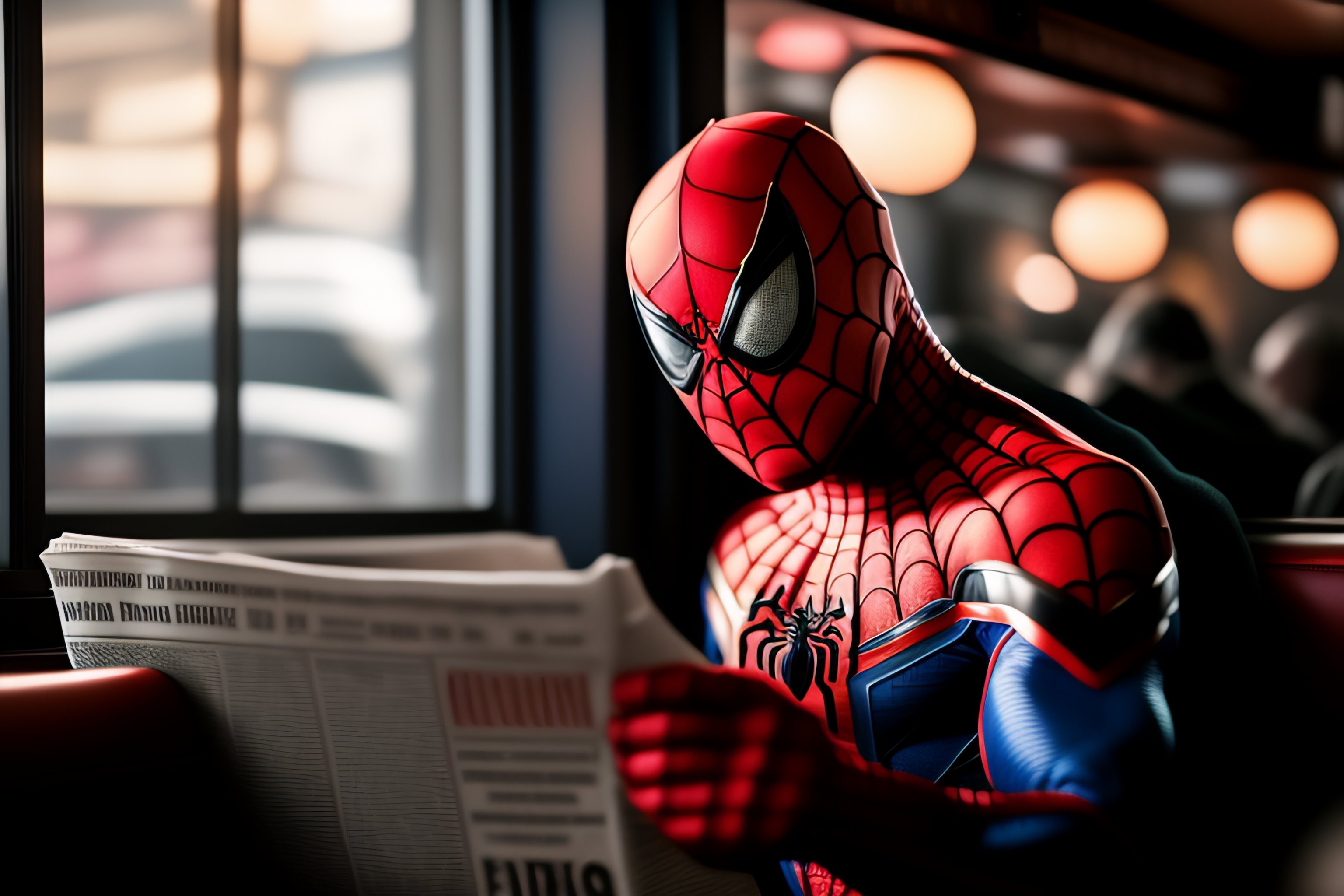 Lexica - Spider-Man reading a newspaper inside of a diner, cinematic ...
