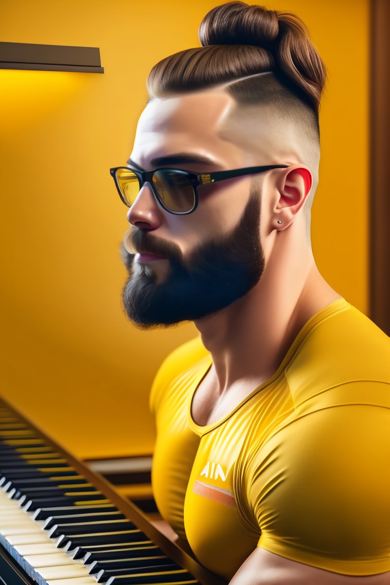 Lexica - Muscled musician playing the piano, with a ponytail, black ...