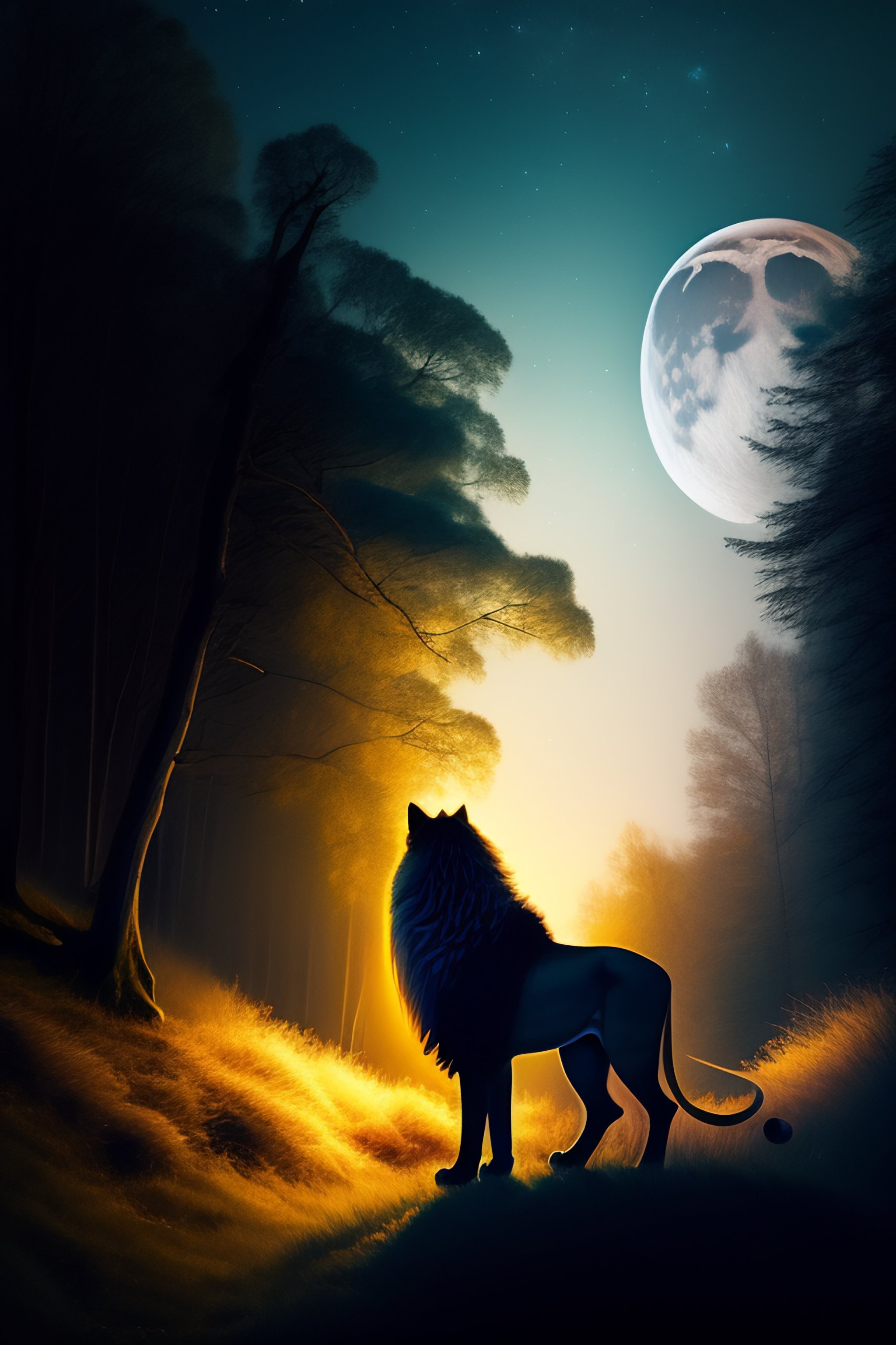 Lexica - Lion man and lycan on the hill, woods, night, fullmoon, realism