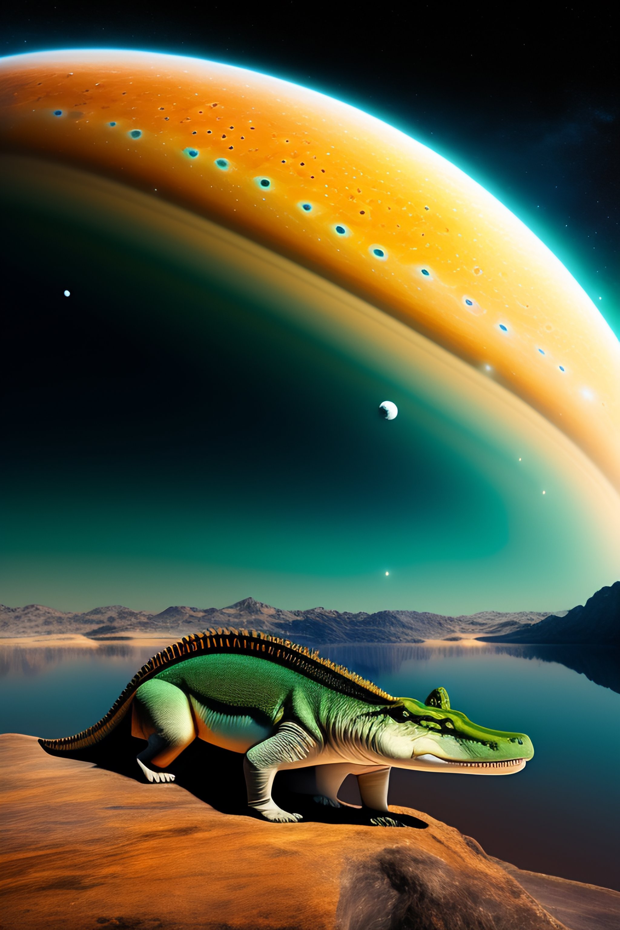 Lexica - A crocodile in the space in front Jupiter with the Earth behind