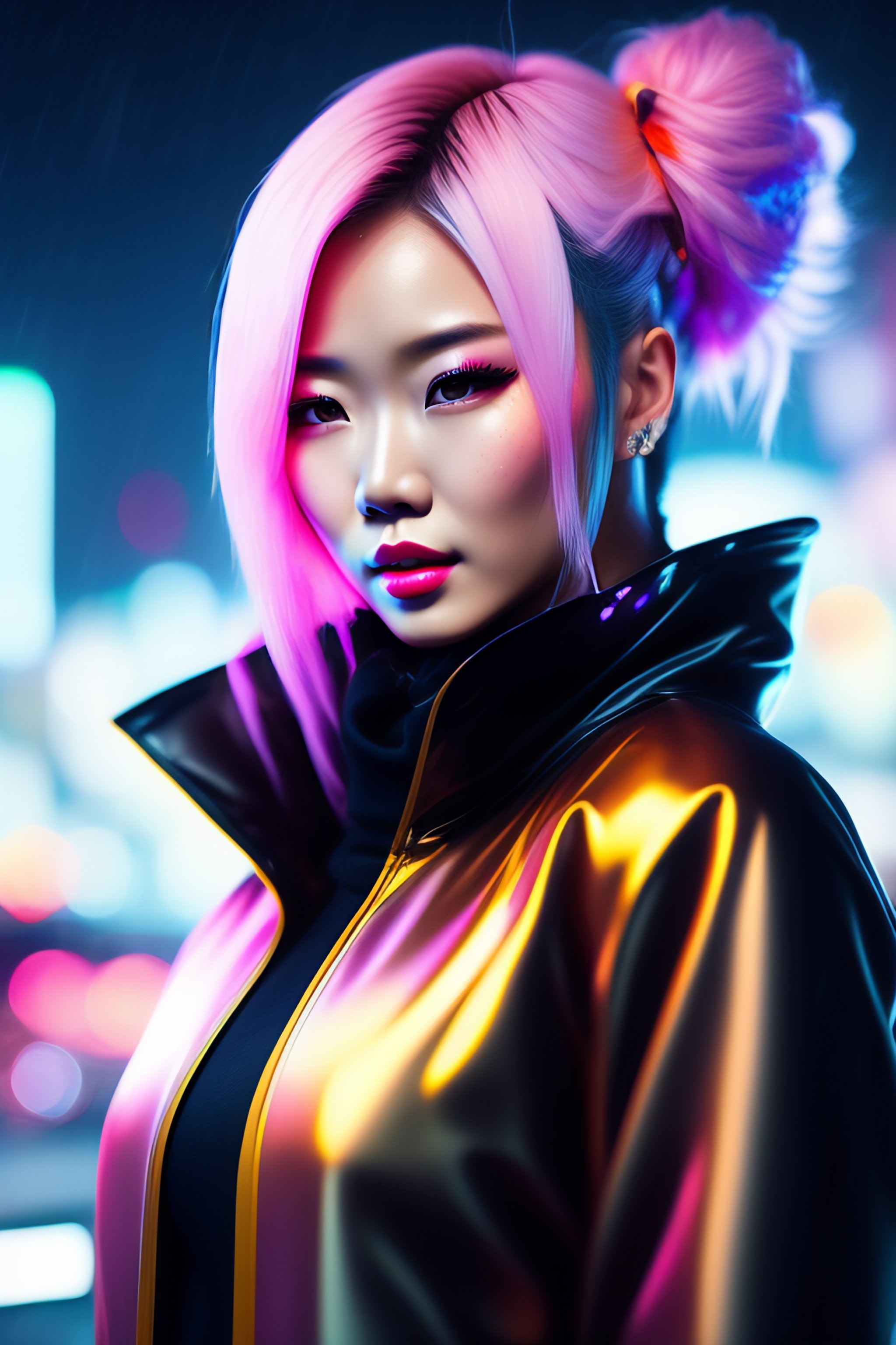 Lexica - Blonde asian cyberpunk girl wearing transparent jacket, rainy ...
