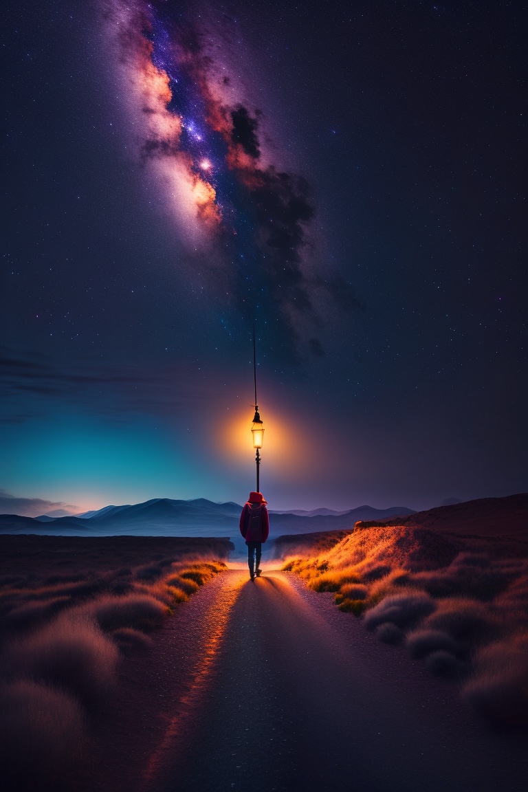 Lexica - A nightscape with bright stars and a person holding a lantern ...