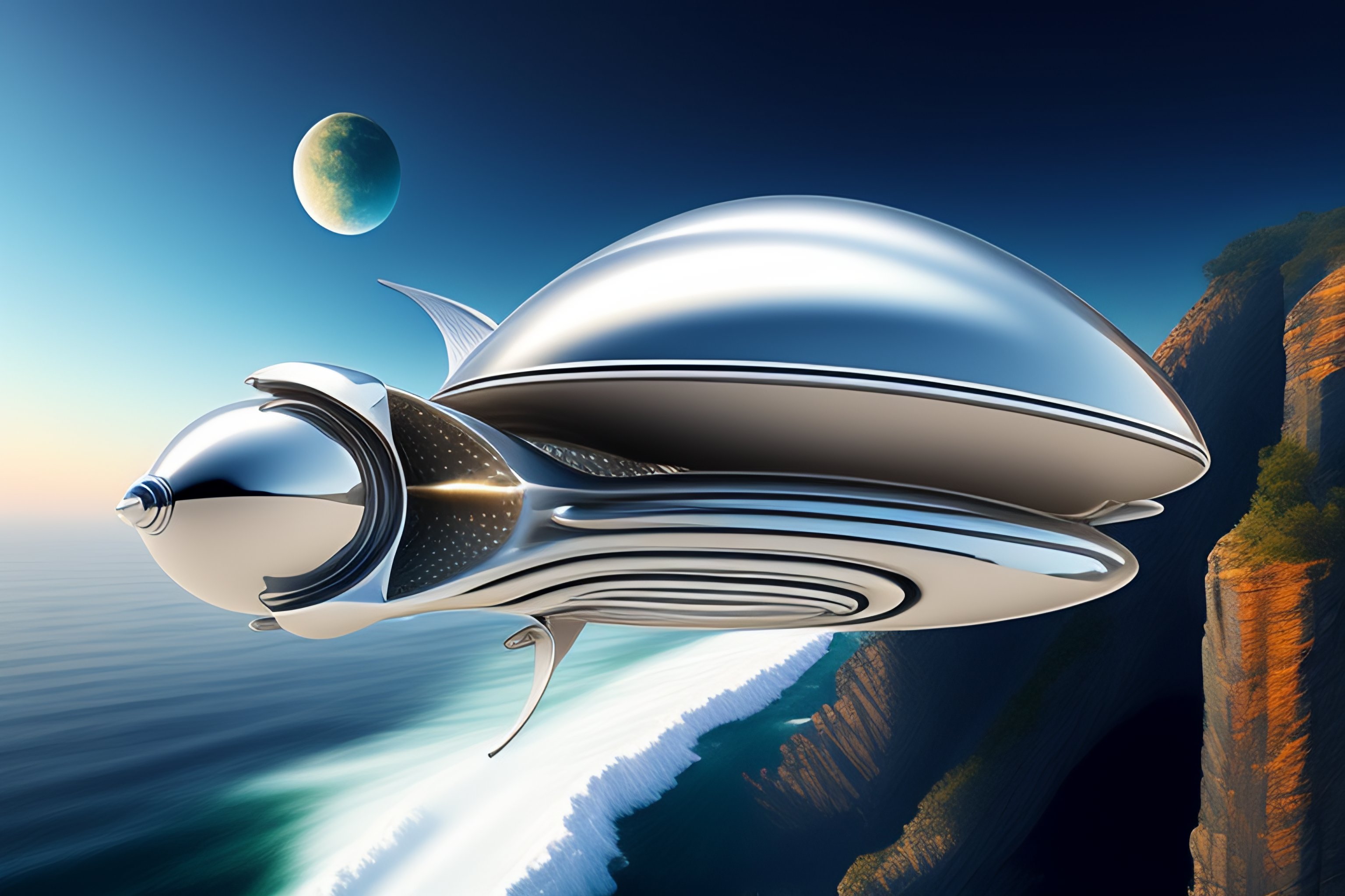 Lexica - Silver nautilus sea shell spaceship, flying, realistic