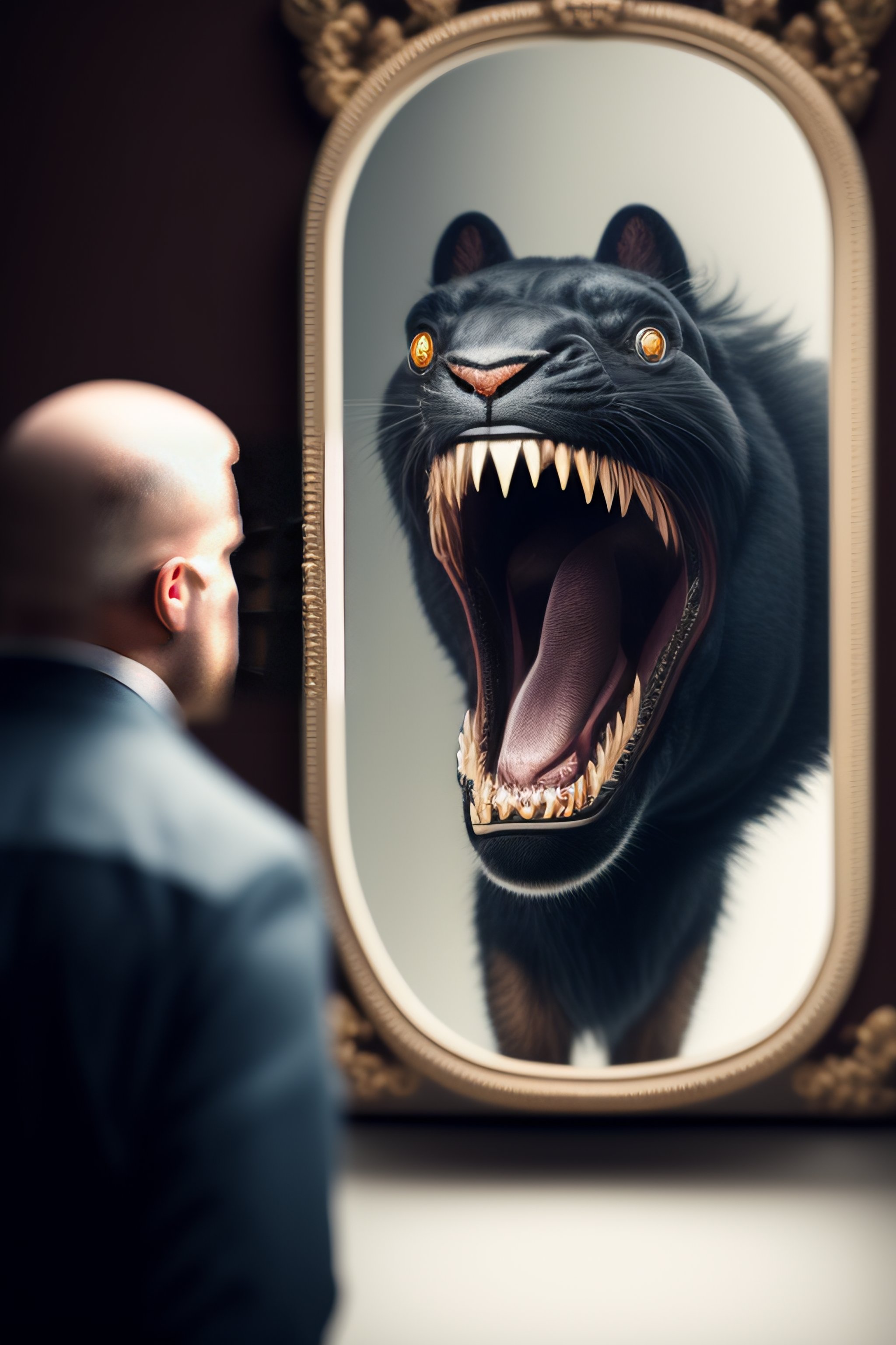 Lexica - Man looking in mirror and seeing a terrifying monster