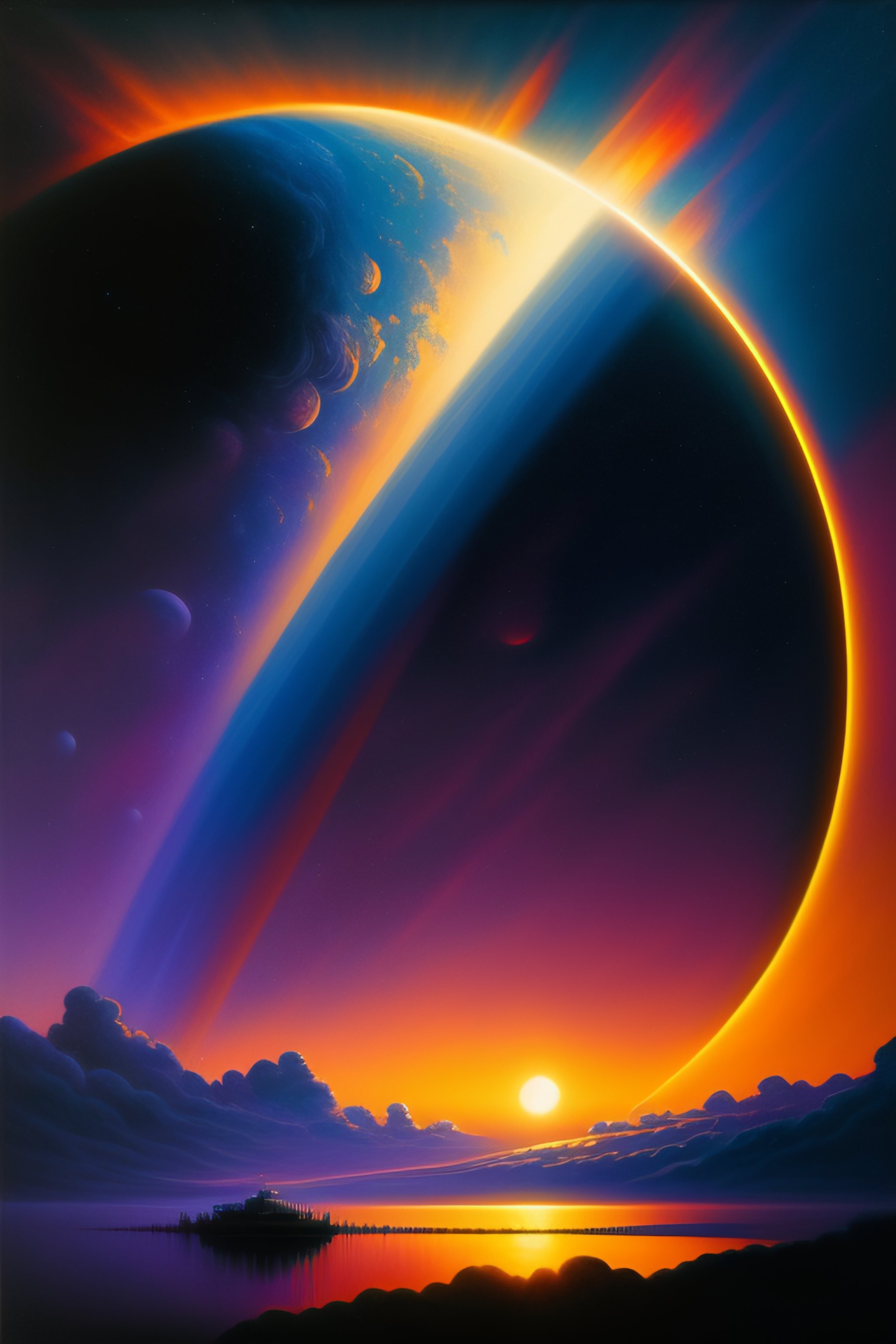 Lexica - Starship, solar eclipse, looming over the earth, painting by ...