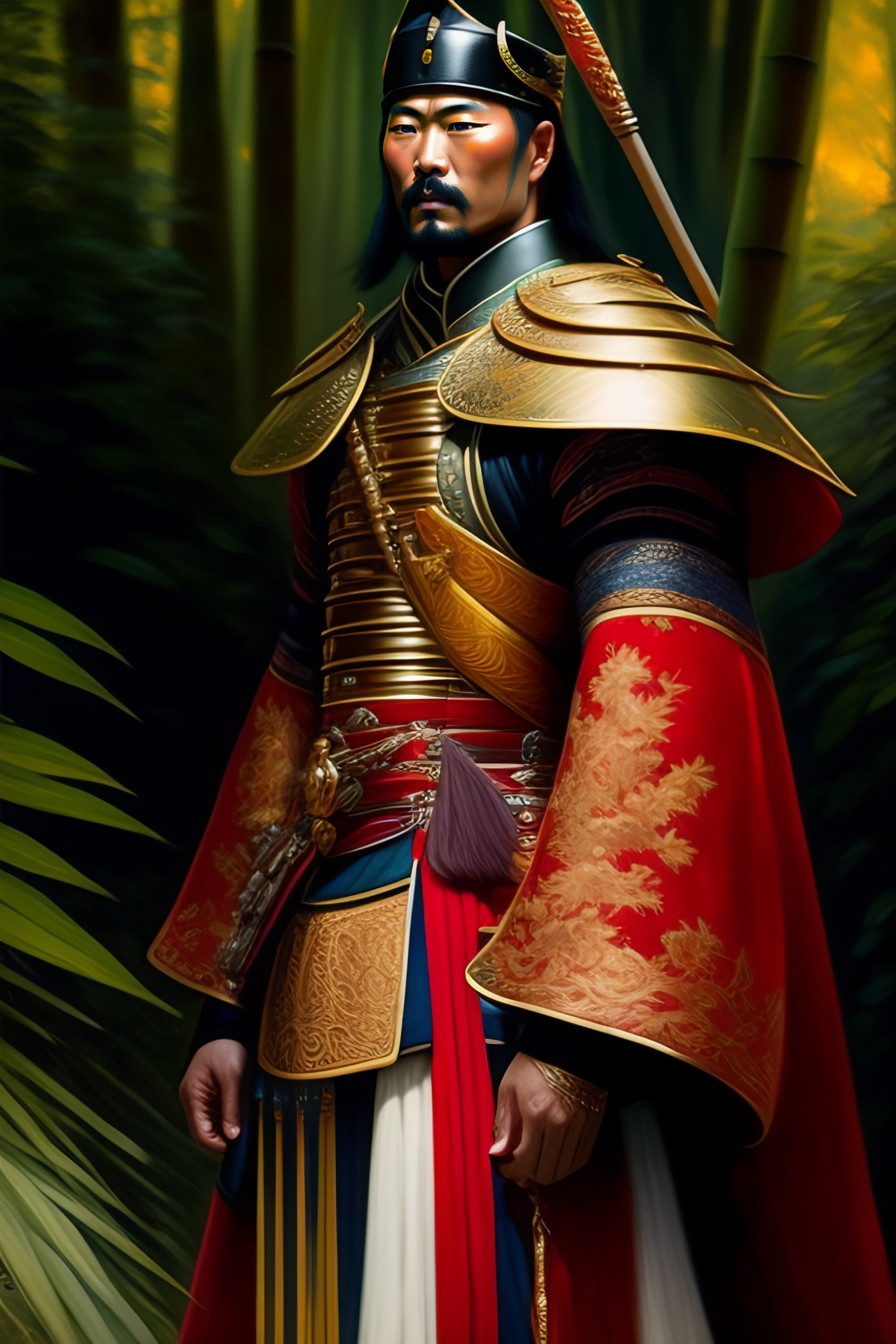 Lexica - Close up of samurai general in full armor, in a bamboo forest ...