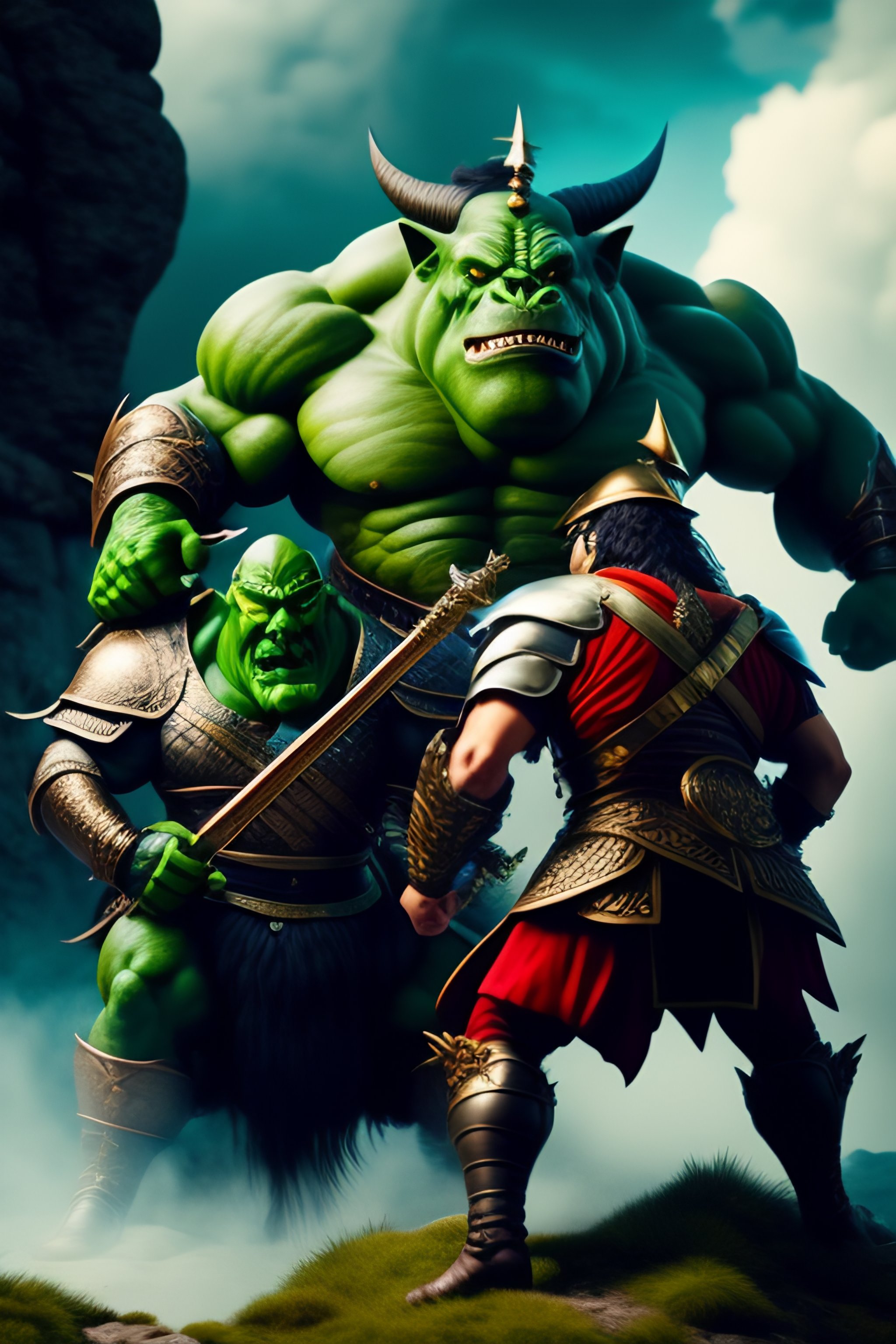 Lexica - Three knights fighting a ogre in the florest, realistic, fantasy