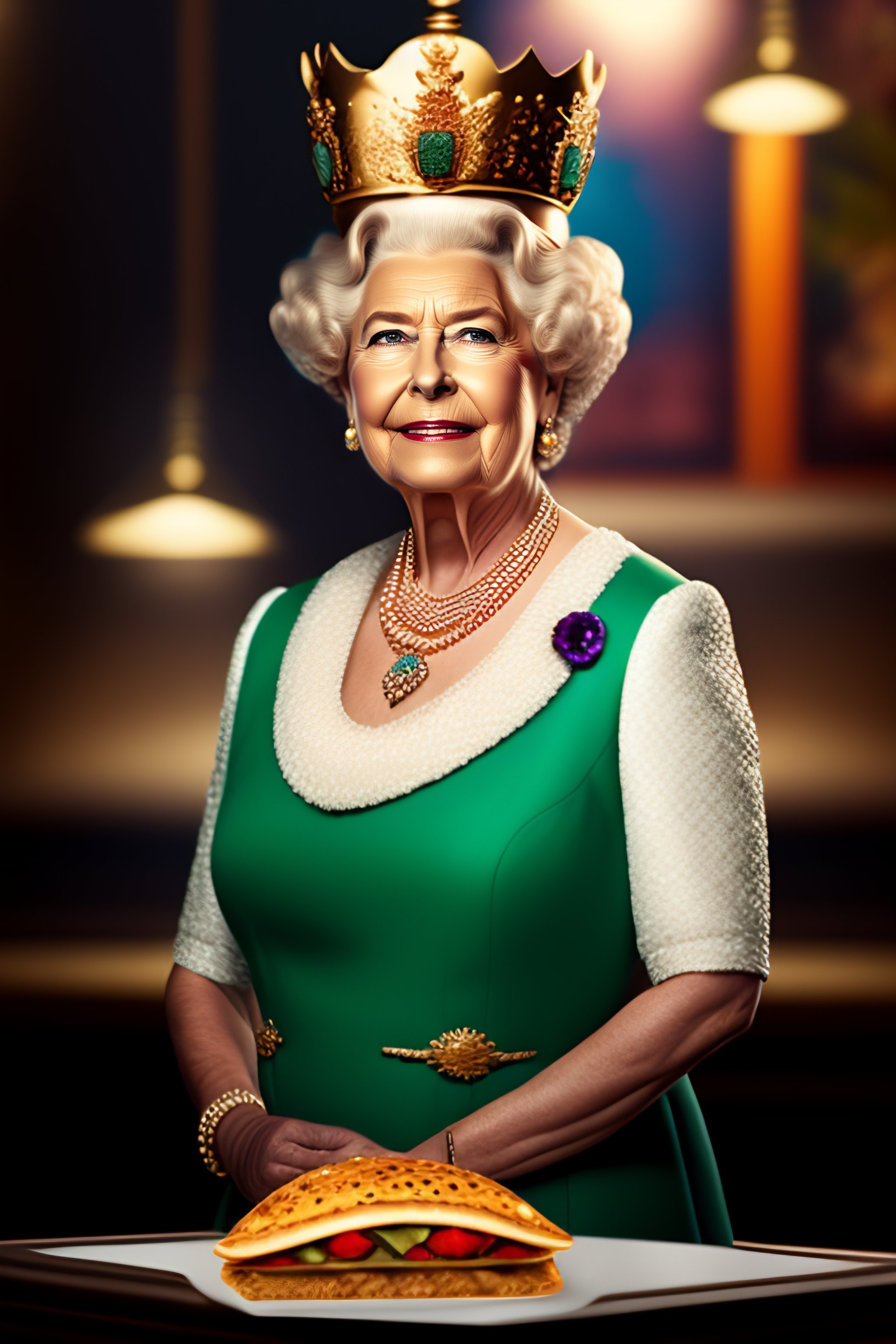 Lexica - Photorealistic portrait of queen Elizabeth working at Taco Bell