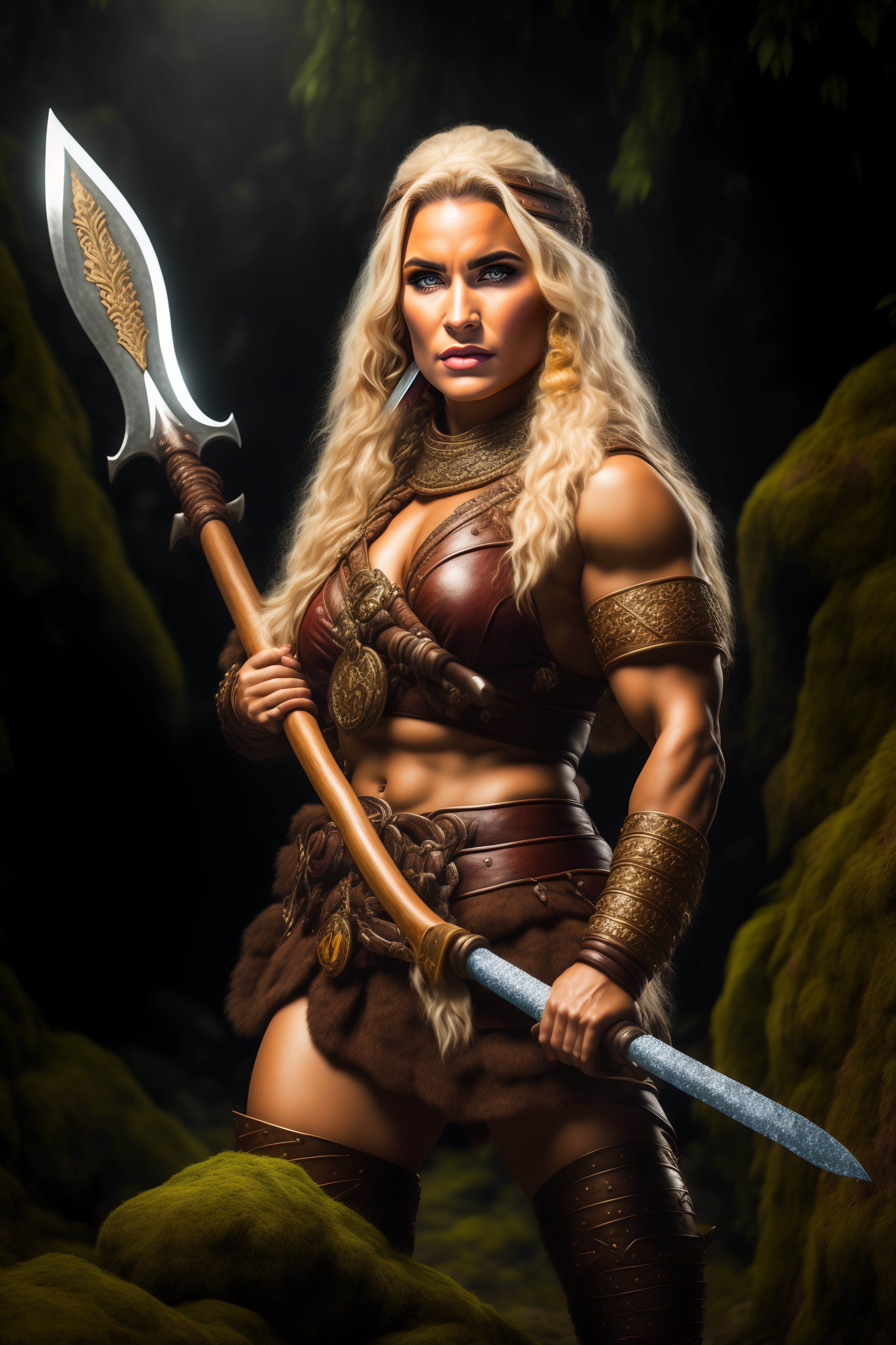 Lexica - Female dwarf barbarian with ice axe, body shot, jungle landscape, highly detailed, high ...