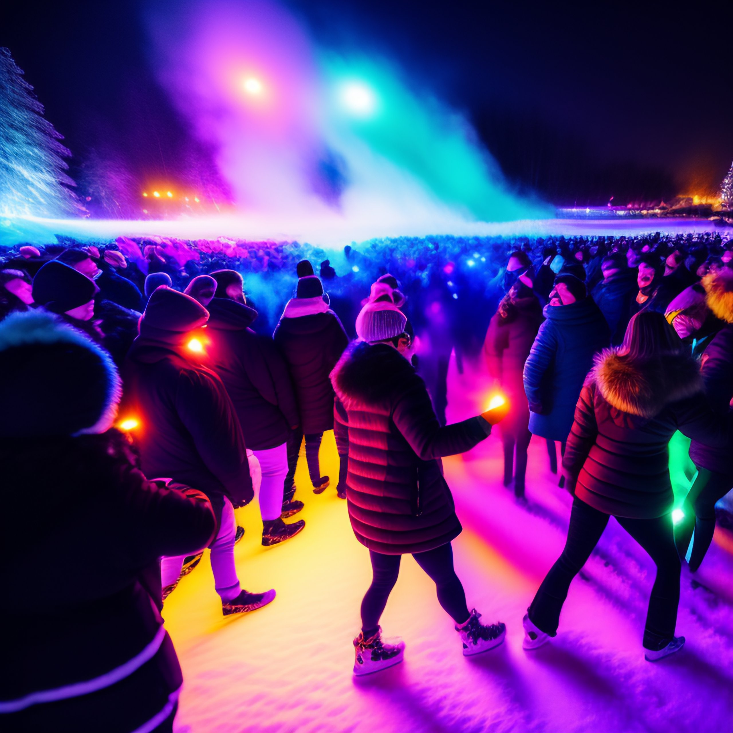 Lexica - Dance party in the snow with colored lights and a DJ people ...