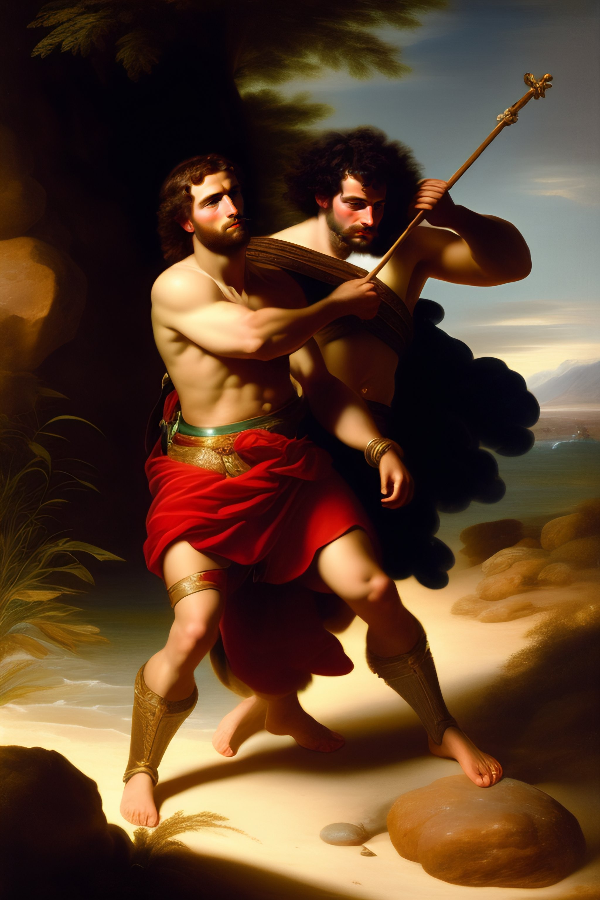Lexica - David and Goliath fighting, David is holding a sling