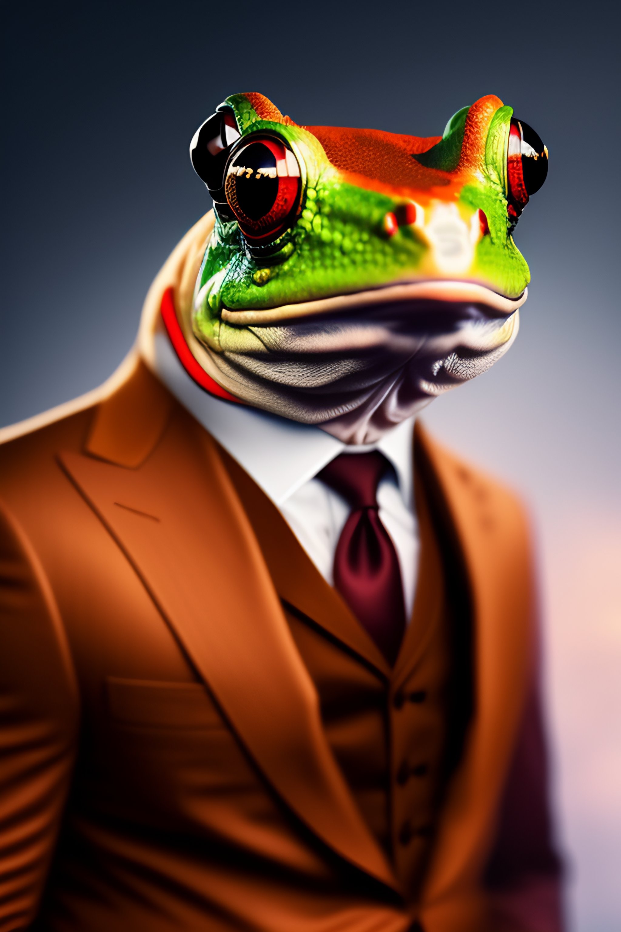 Lexica - A red eyed tree frog head wearing a suit holding a silencer
