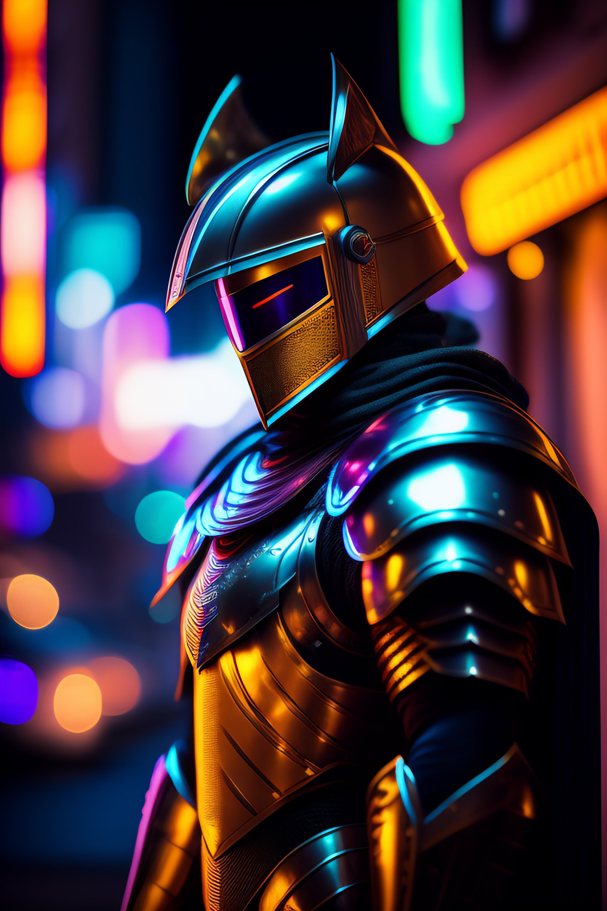 Lexica - Knight in futuristic armor in neon metropolis, cinematic ...