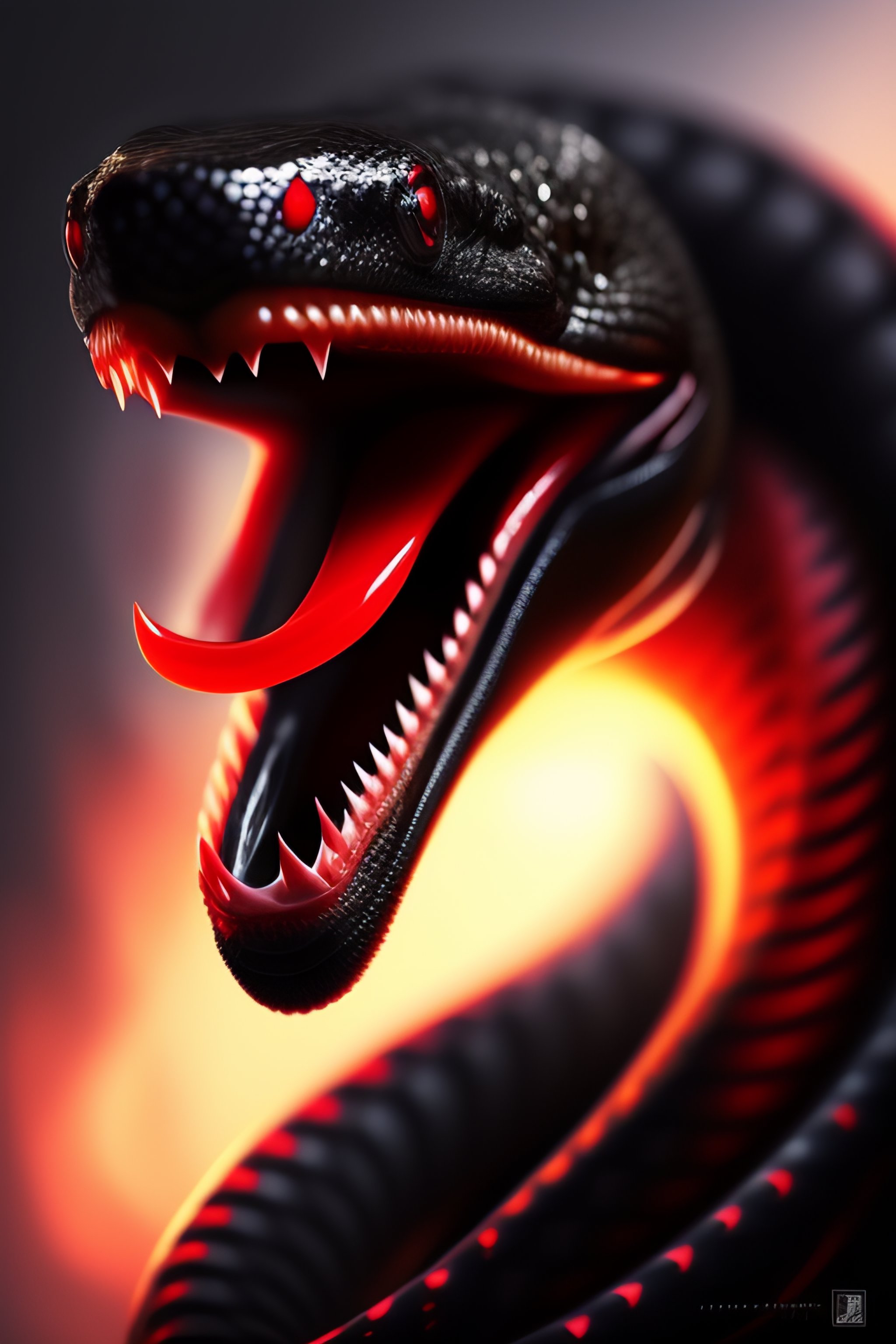 Lexica - Black colored snake!, red snake eyes, toothy mouth with fangs ...