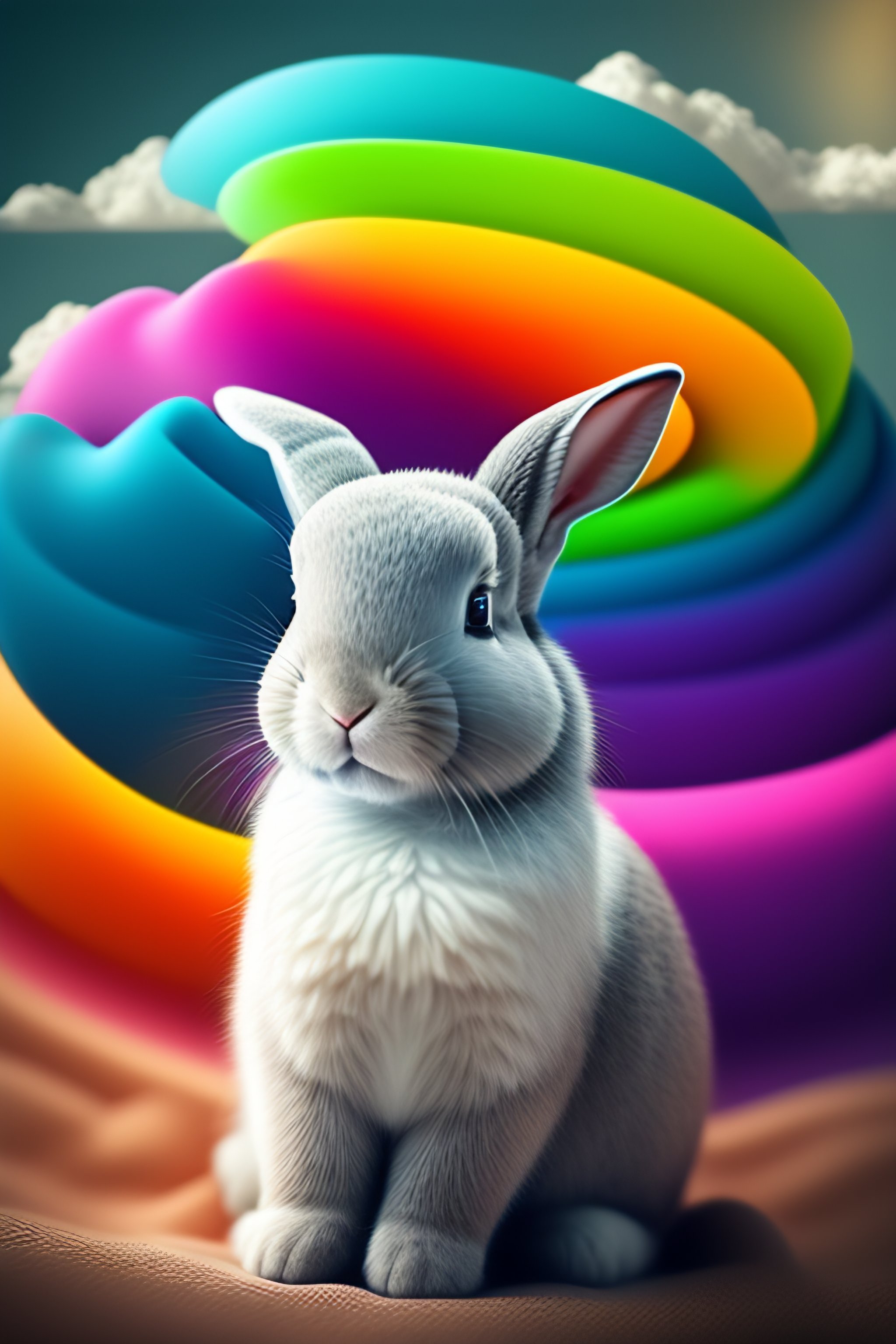 Lexica - Gray bunny waking up to rainbow illustration