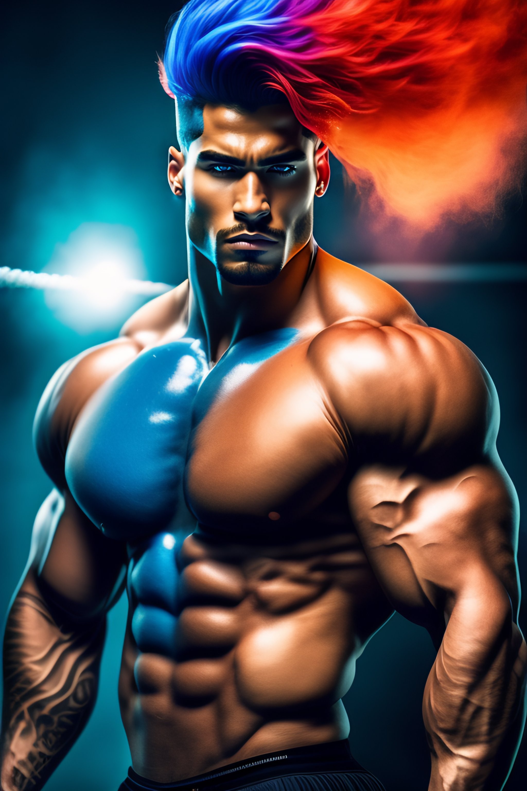 Lexica - A buff man with blue fiery hair
