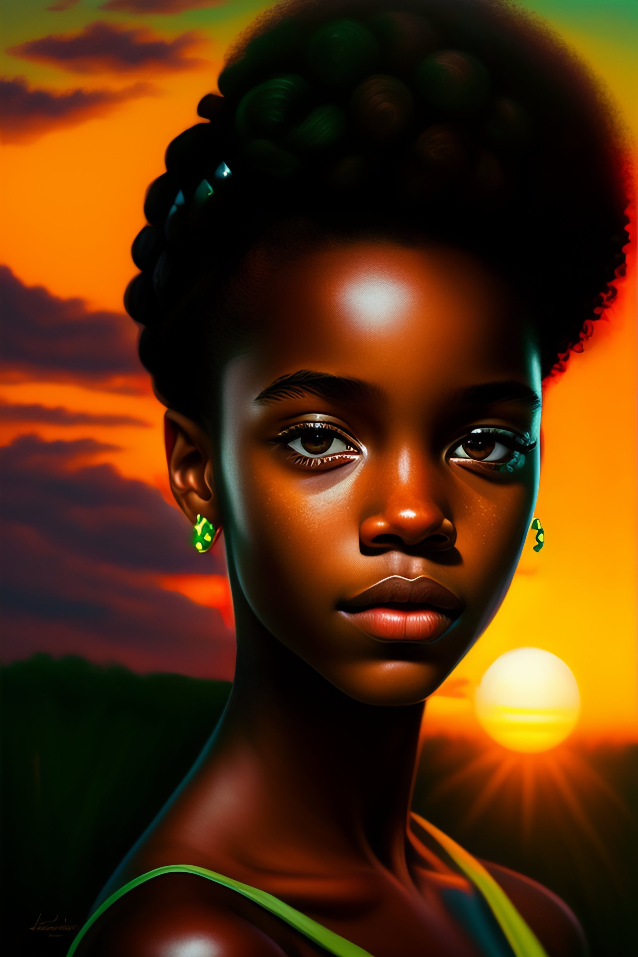 Lexica - Afro american girl with larges lite green eyes, sunset, hd ...