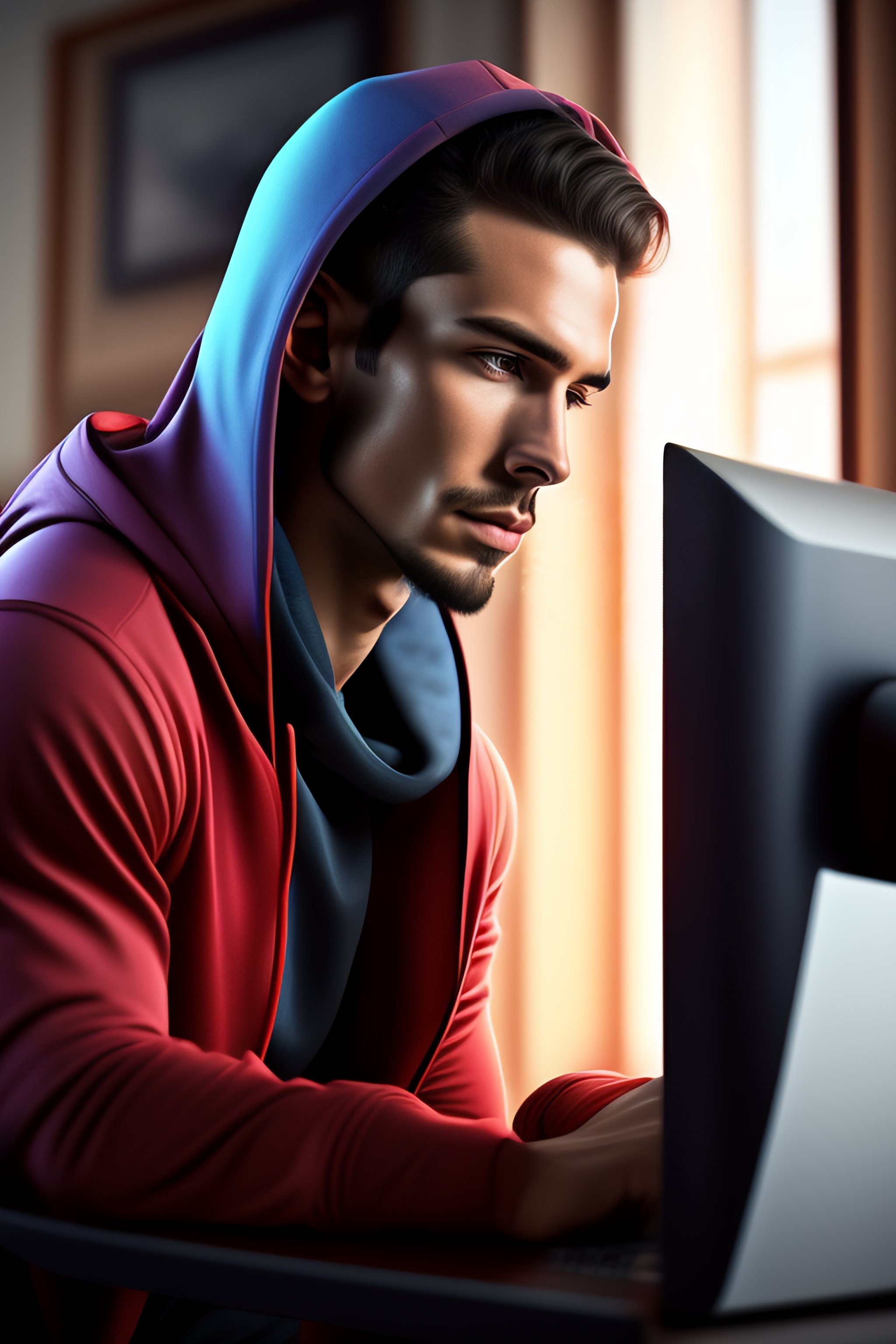 Lexica - Guy with a hoodie on computer, a character side portrait ...