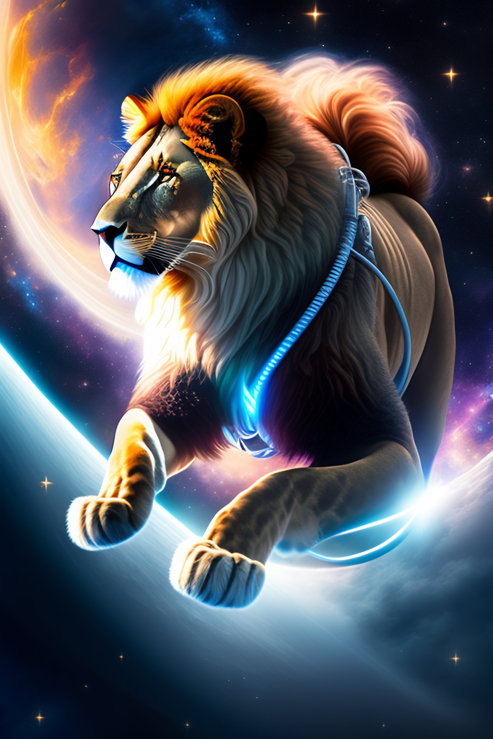 Lexica - A lion flying in outer space wearing an astronaut space suit ...