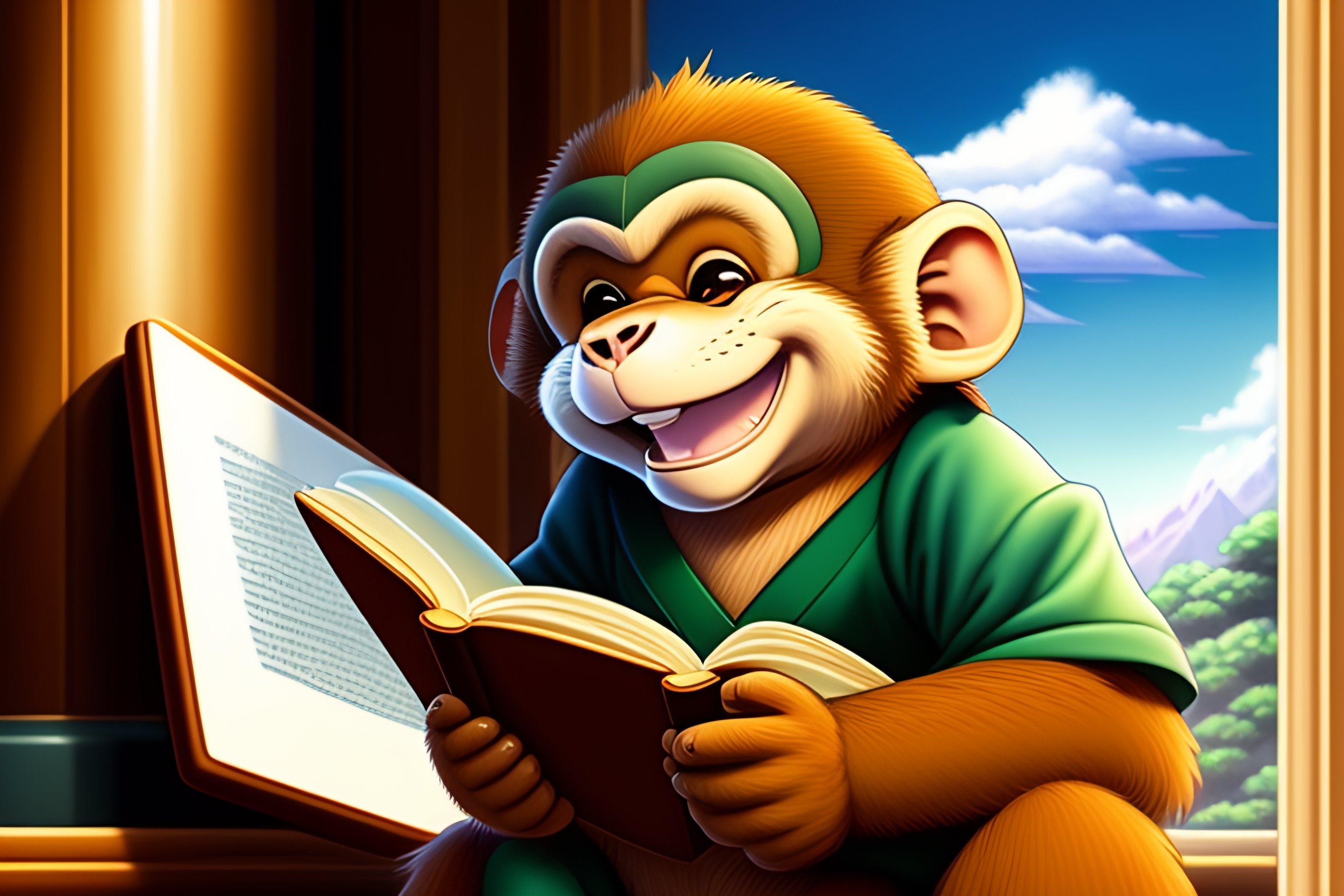 Lexica - Ken sugimori art of a funny smiling monkey reading a book