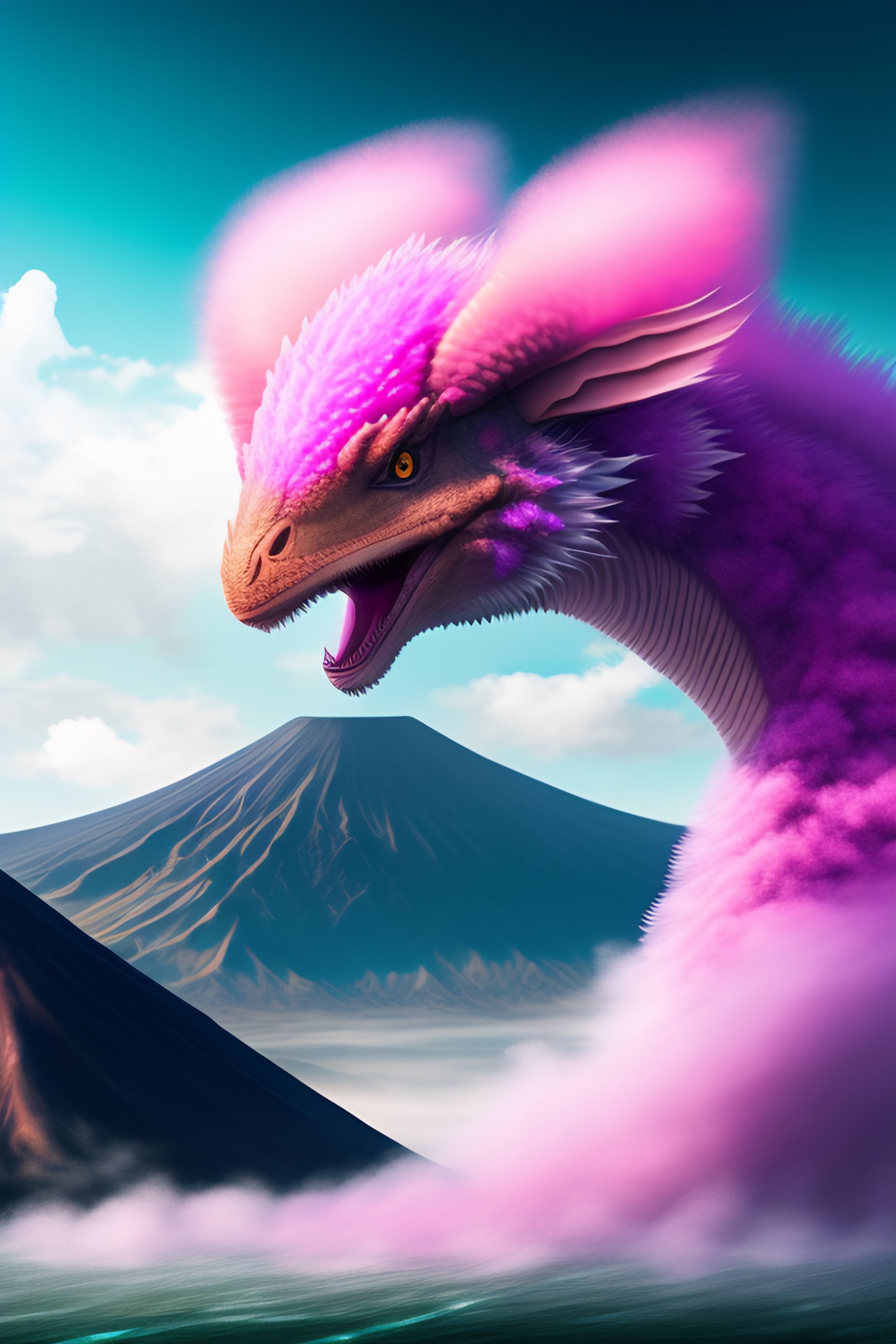 Lexica - Fluffy pink water dragon flying over a volcano