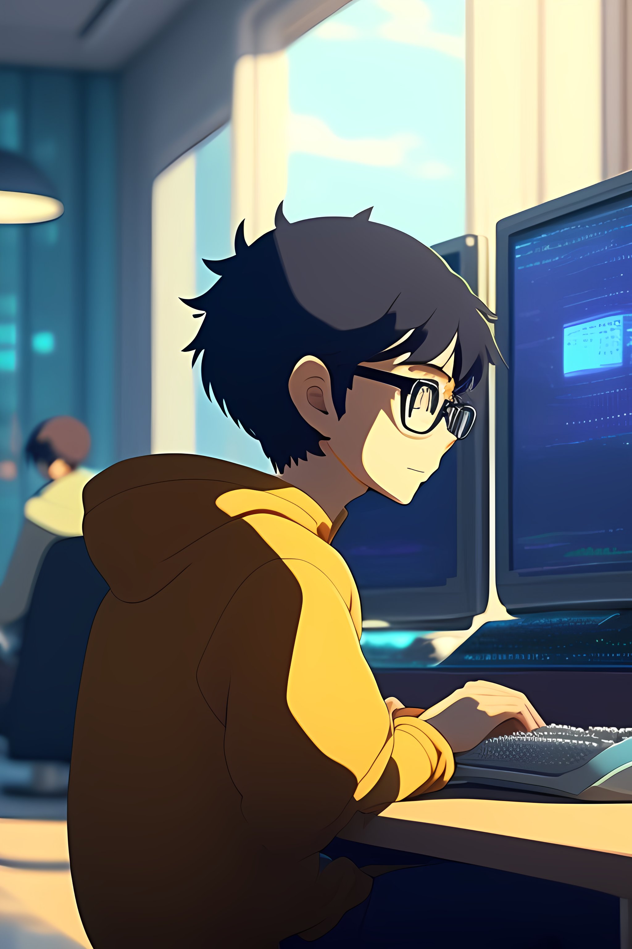 Lexica - A nerdy boy is programming at a computer in a room full of ...